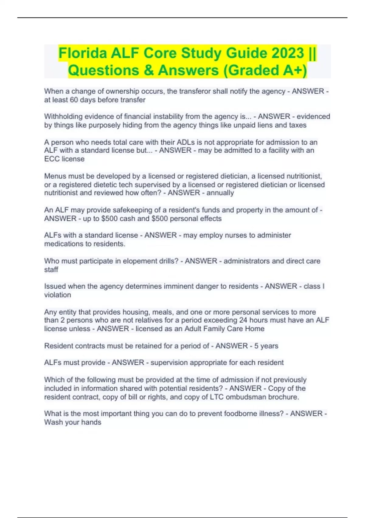 Florida ALF Core Study Guide 2023 || Questions & Answers (Graded A+ ...