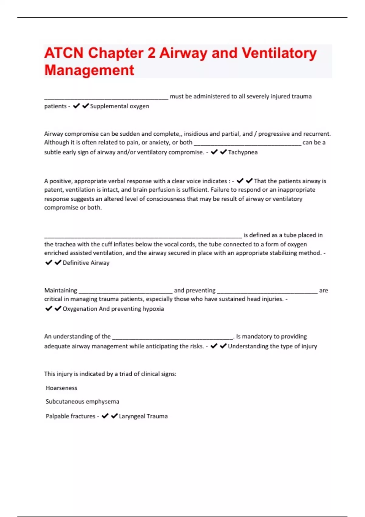 ATCN Chapter 2 Airway And Ventilatory Management Questions With Correct