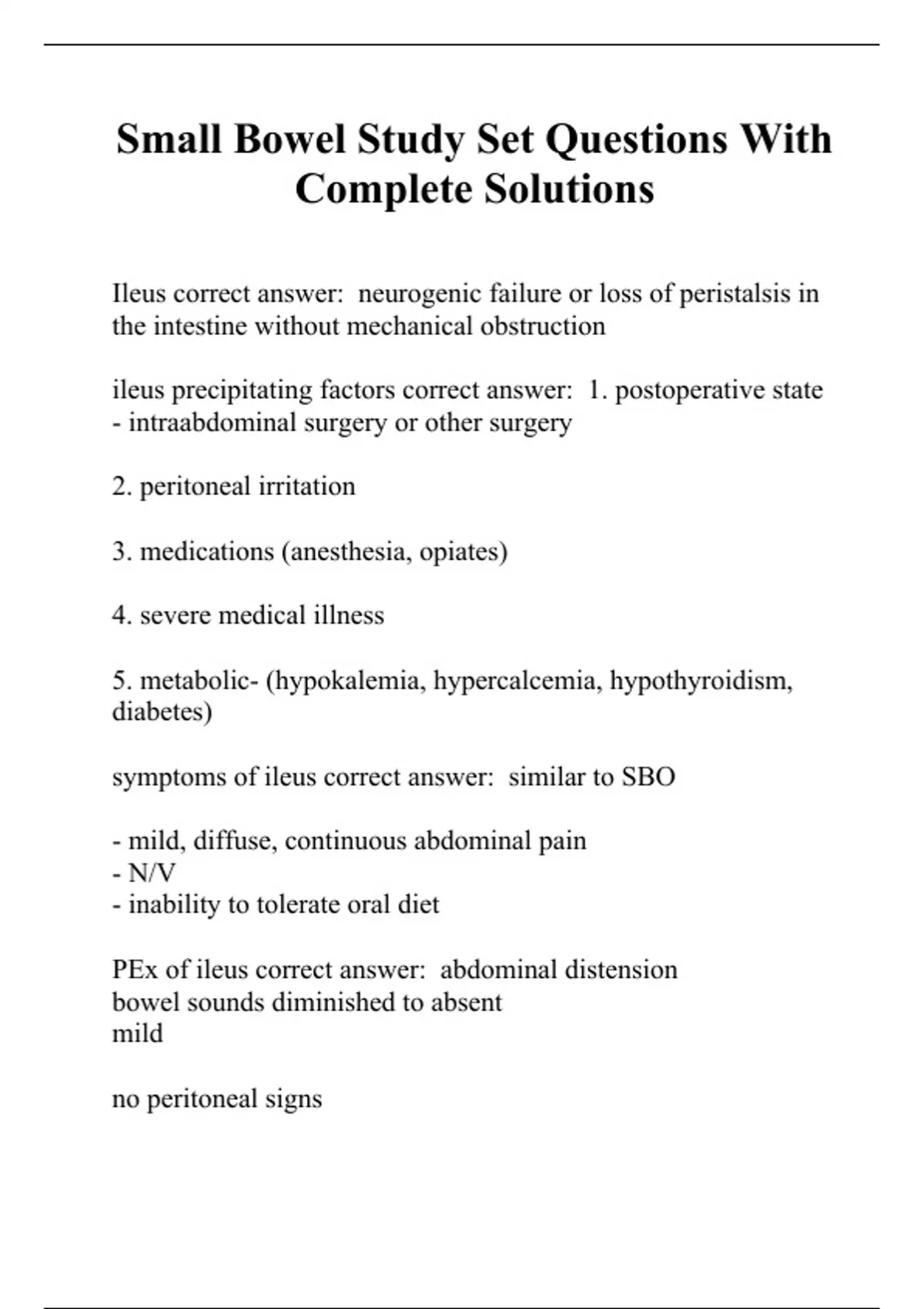 Small Bowel Study Set Questions With Complete Solutions - Small Bowel ...