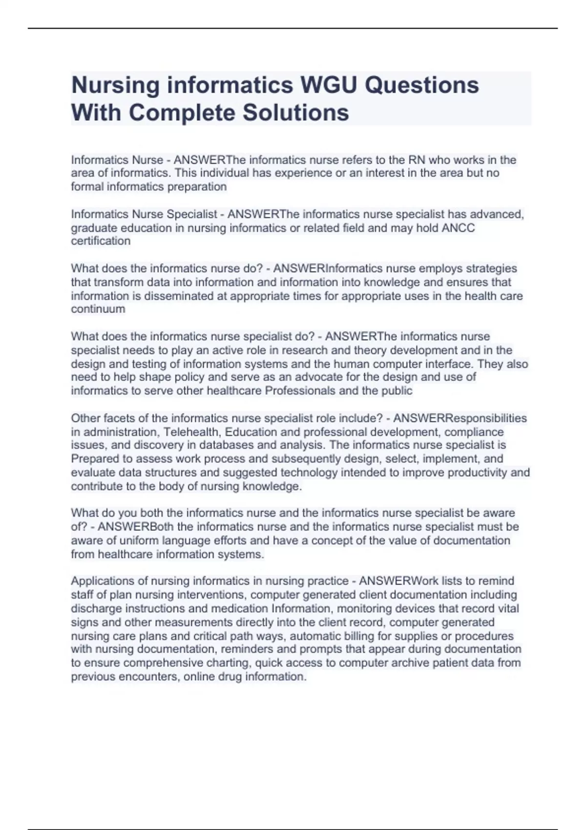 Nursing informatics WGU Questions With Complete Solutions - Informatics ...