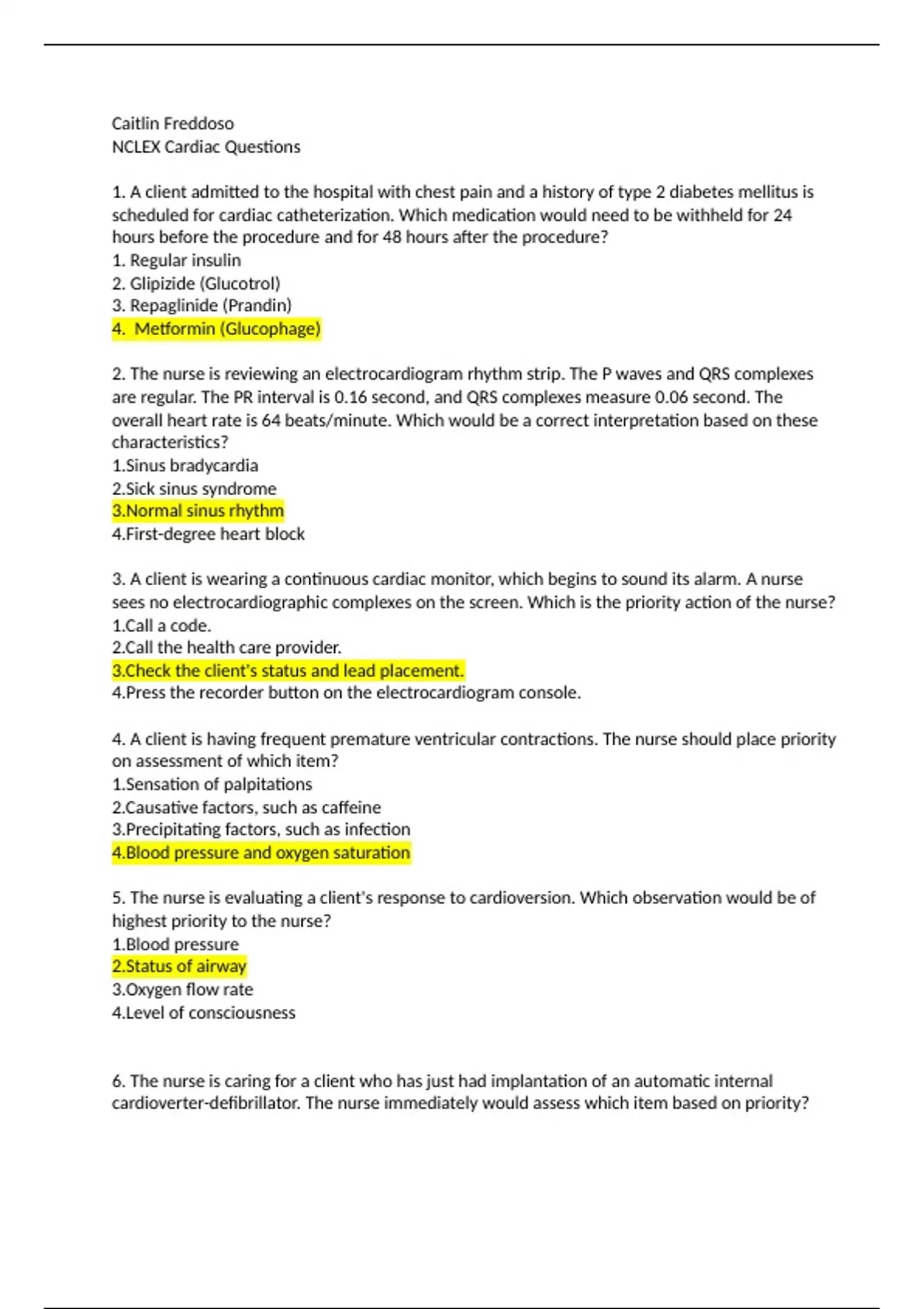 Caitlin Freddoso NCLEX Cardiac Questions - Caitlin Freddoso NCLEX ...