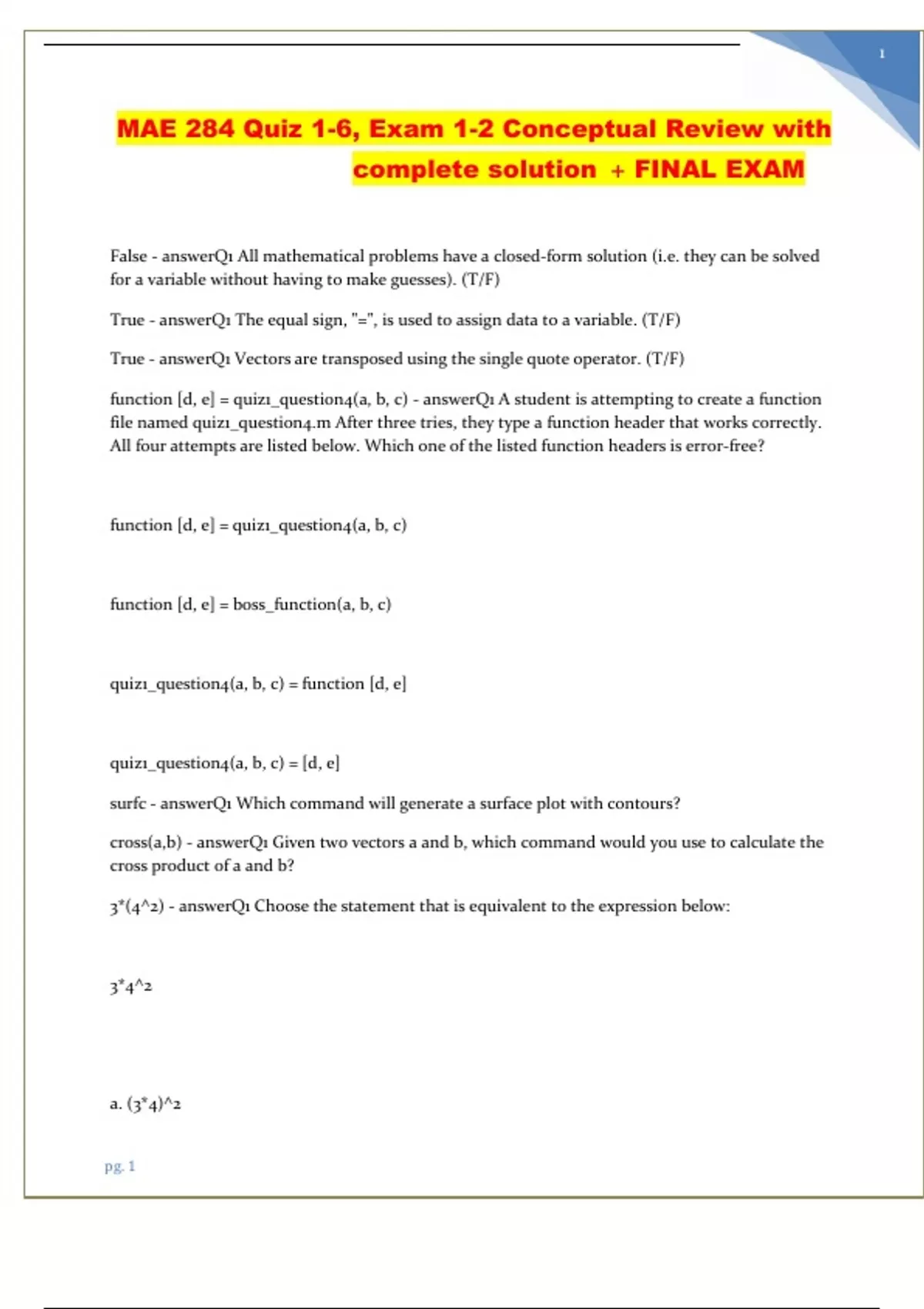 MAE 284 Quiz 1-6, Exam 1-2 Conceptual Review with complete solution + FINAL EXAM - MAE 284 ...