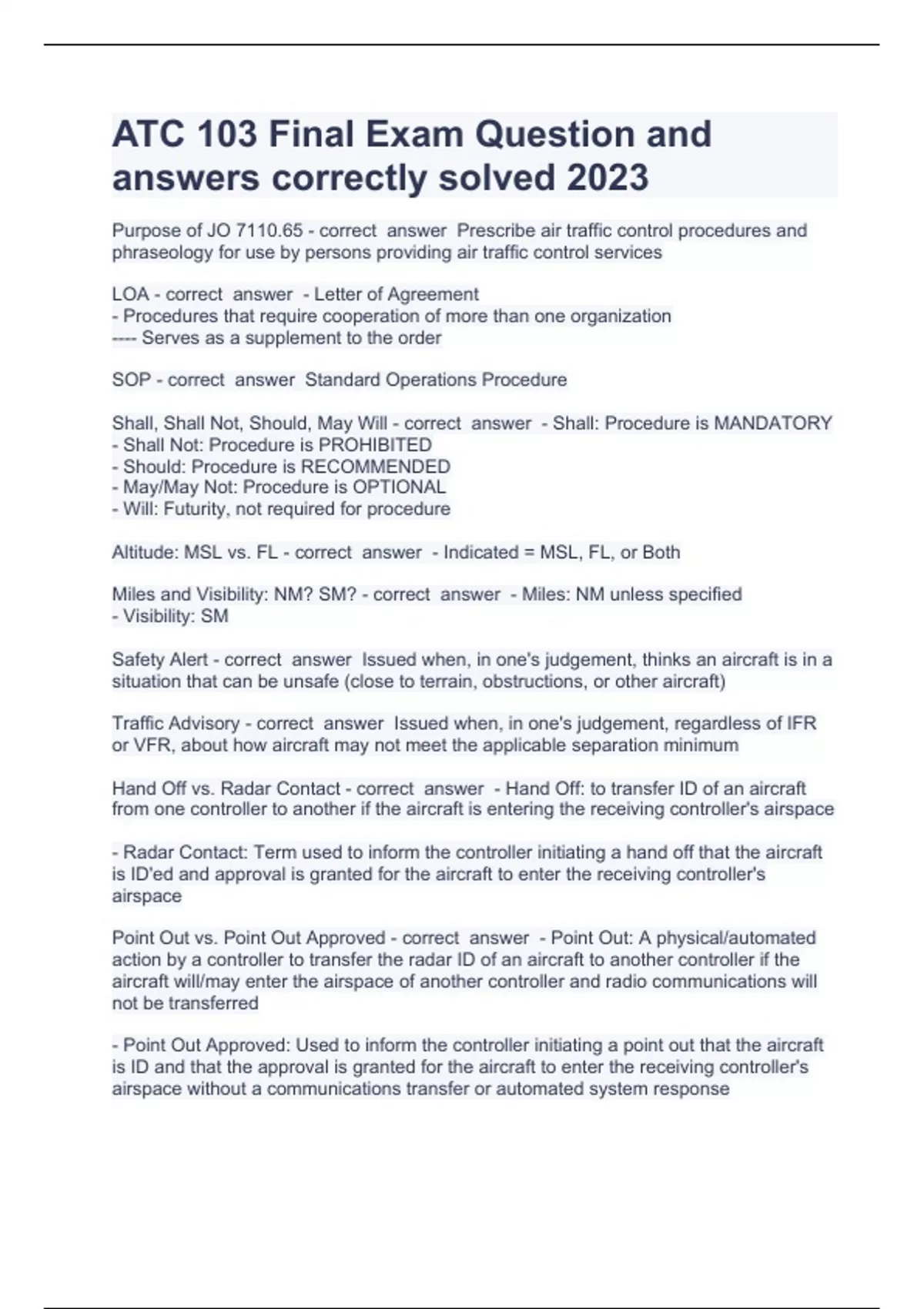 ATC 103 Final Exam Question and answers correctly solved 2023 - ATC ...