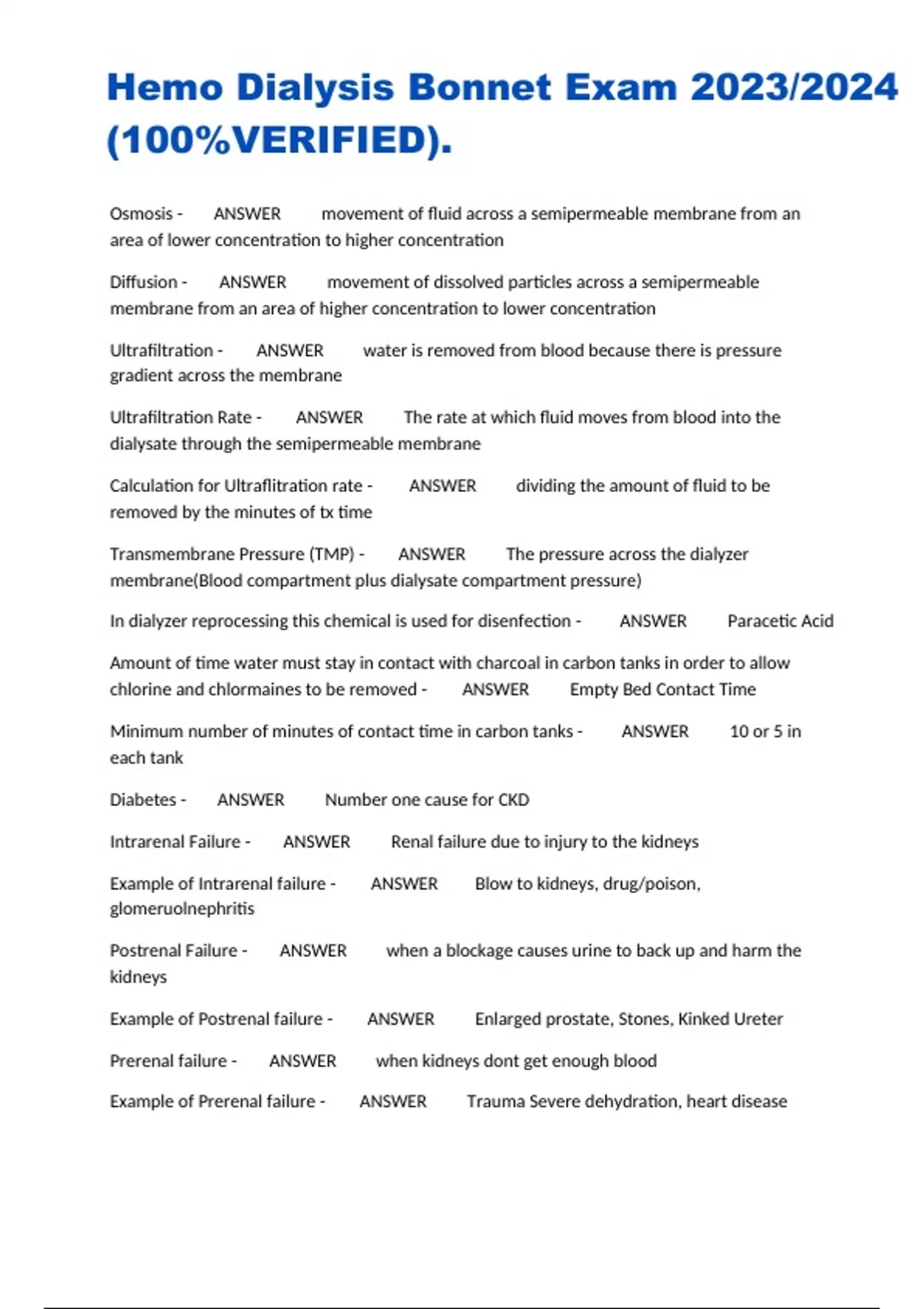 Hemo Dialysis Bonnet Exam 2023/2024 (100%VERIFIED). - Hemo Dialysis ...