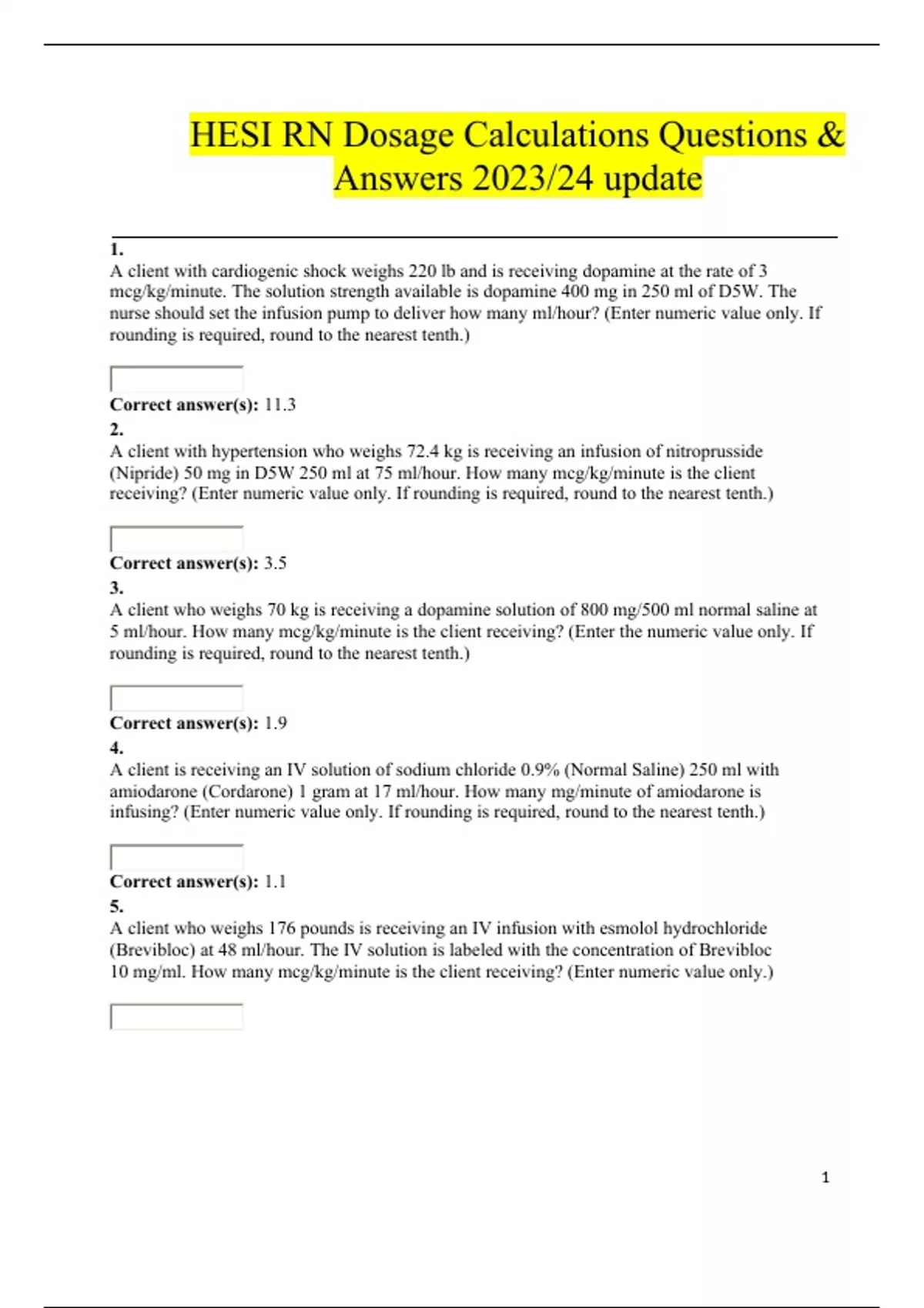 HESI RN Dosage Calculations Questions & Answers 2023/24 update - HESI ...