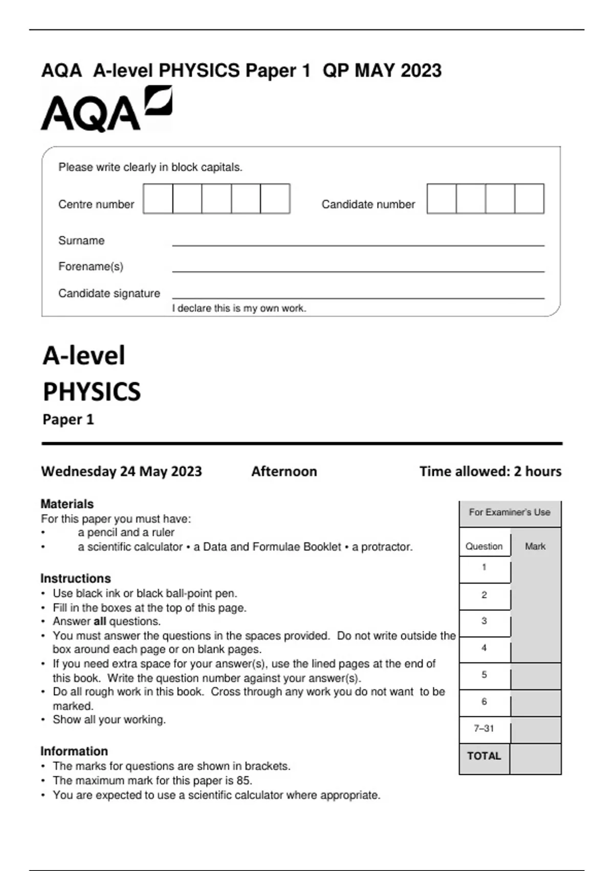 AQA A-level PHYSICS |Paper 1,2 and 3(3A and 3B) |Question Paper and ...