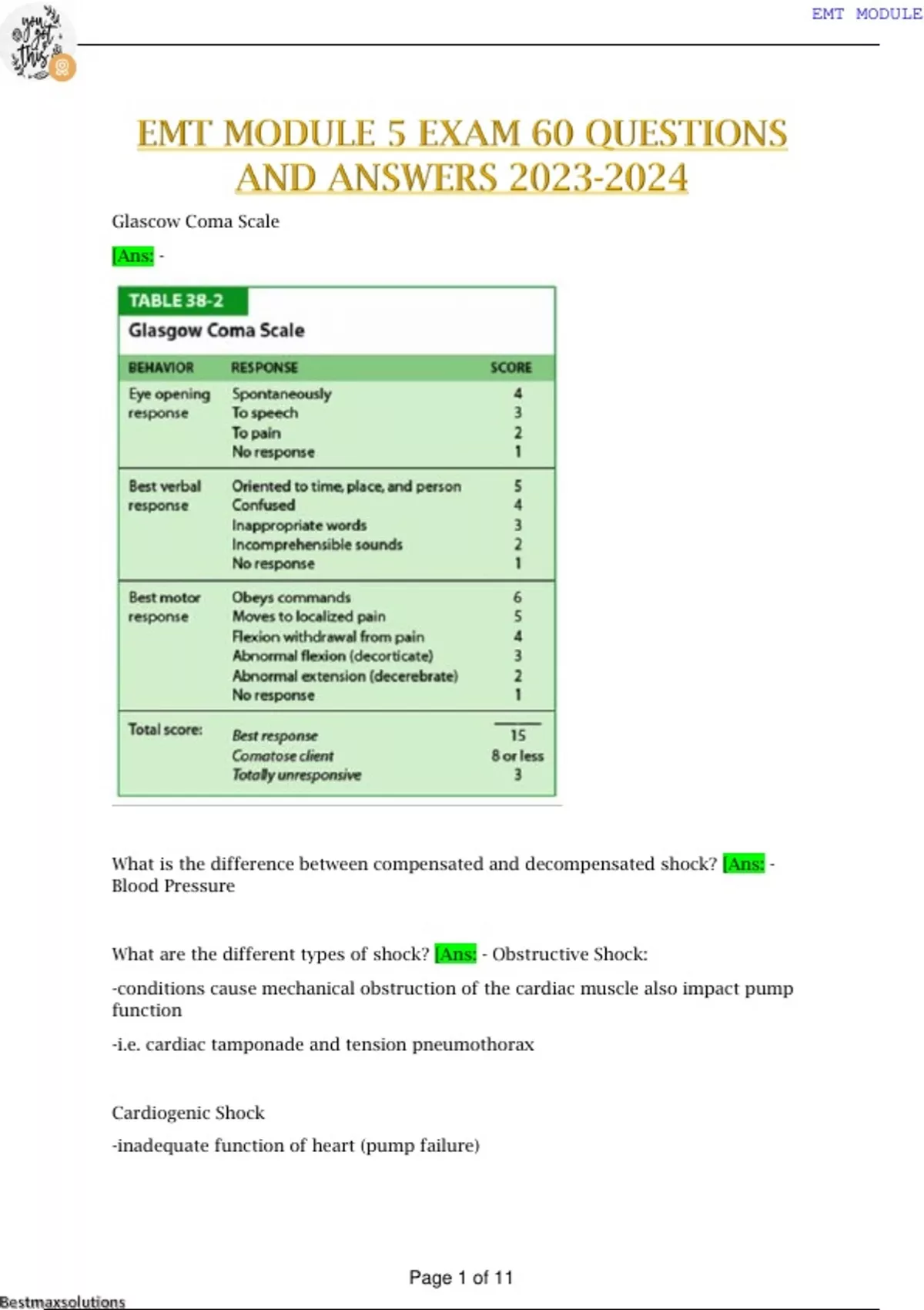 Emt Module 5 Exam 60 Questions And Answers Emt Stuvia Us