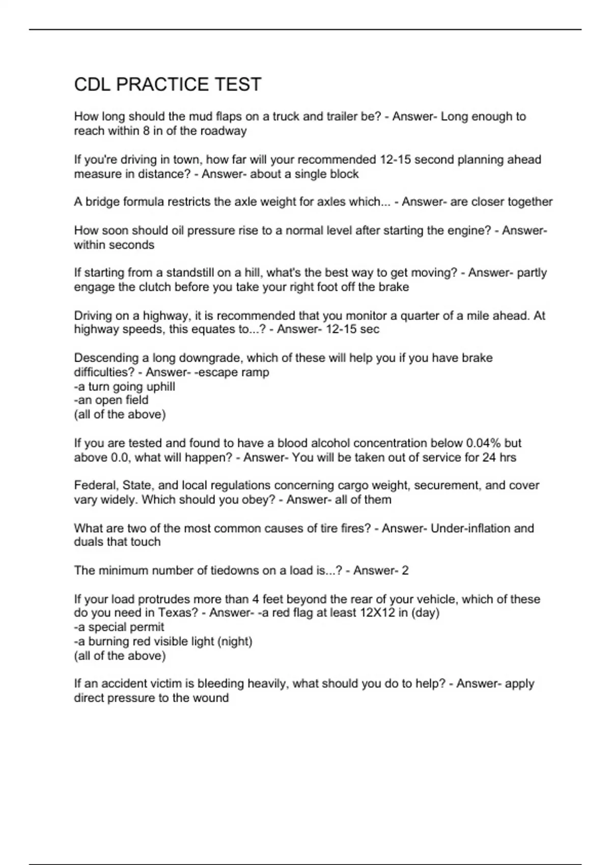 CDL PRACTICE TEST - CDL - Stuvia US