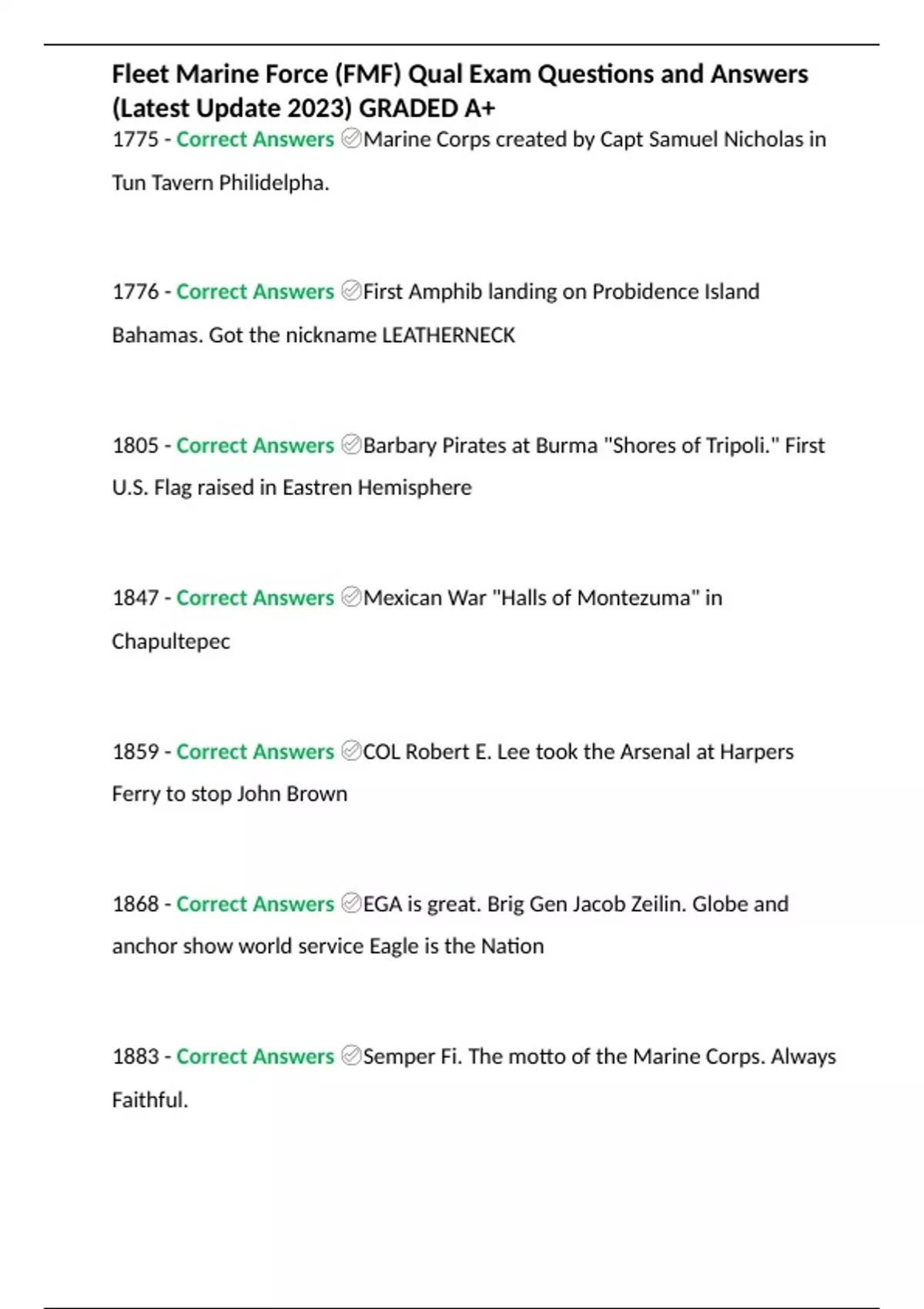 Summary Fleet Marine Force (FMF) Qual Exam Questions and Answers ...