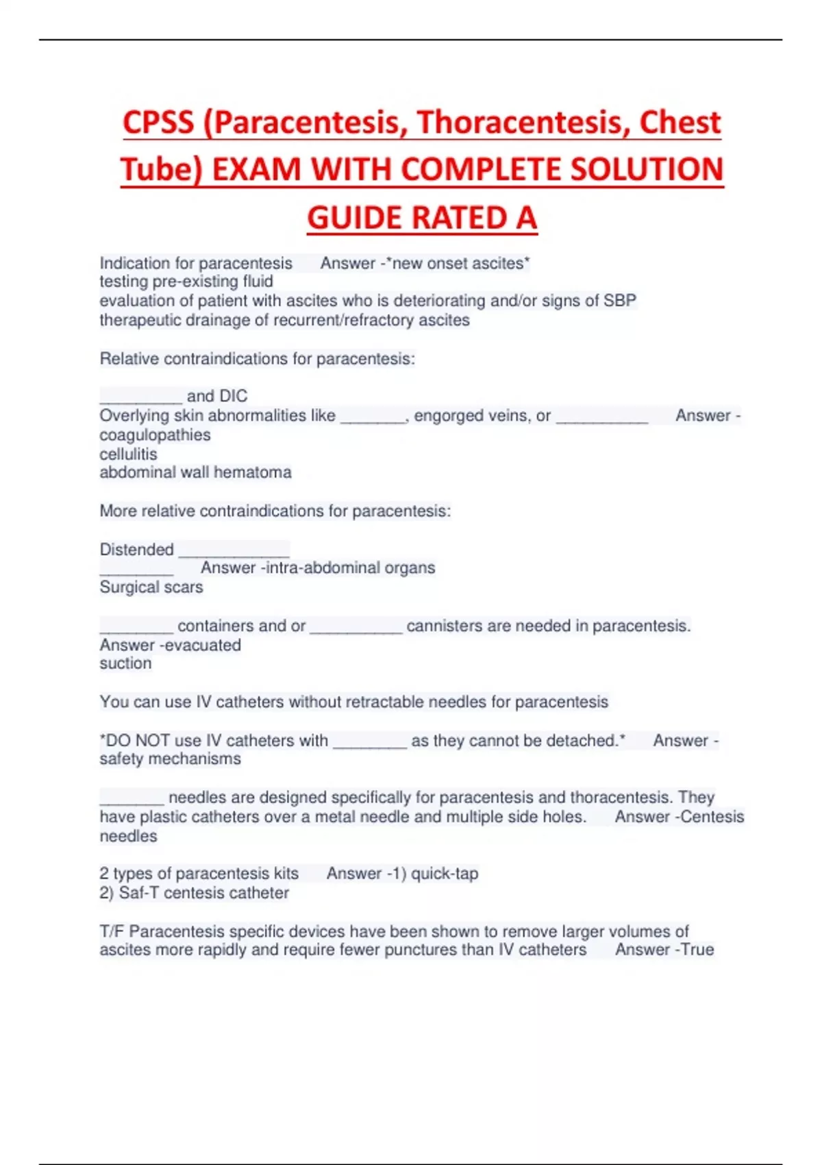 CPSS (Paracentesis, Thoracentesis, Chest Tube) EXAM WITH COMPLETE ...