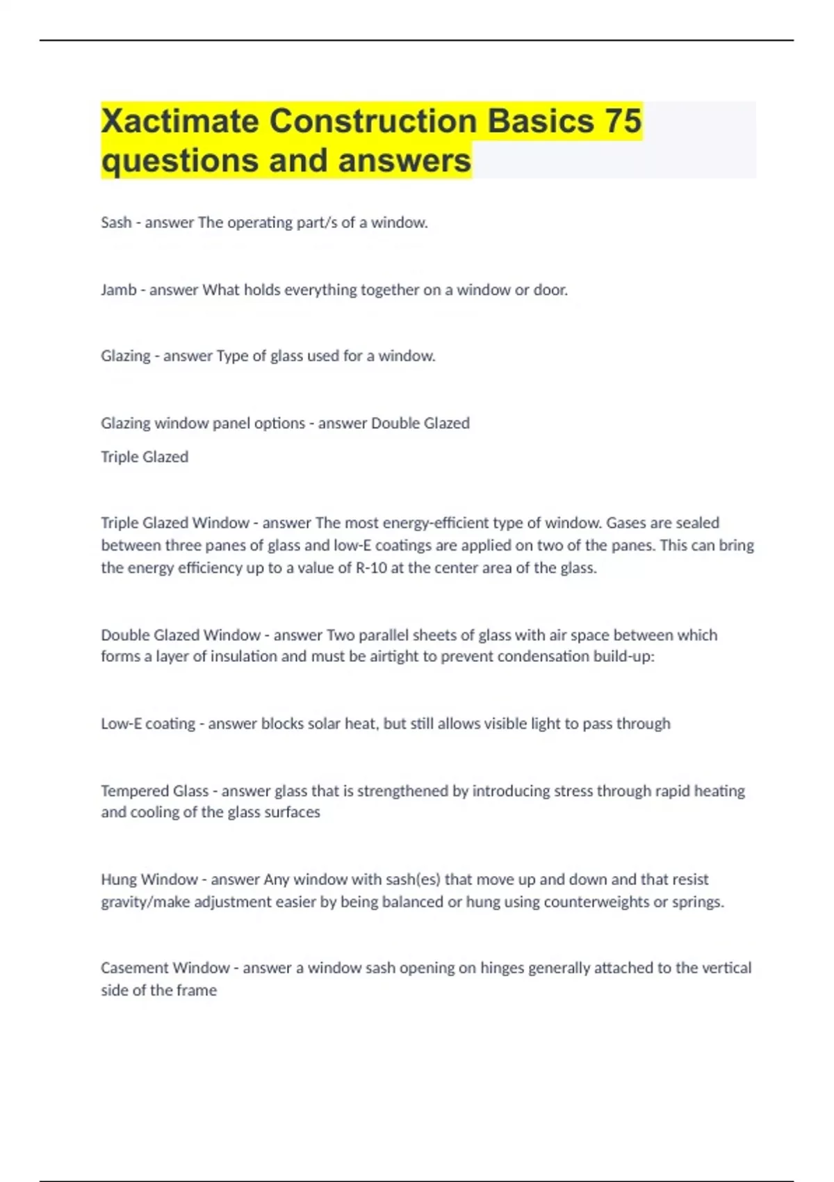 Xactimate Construction Basics| 75 questions and answers. - XACTIMATE ...