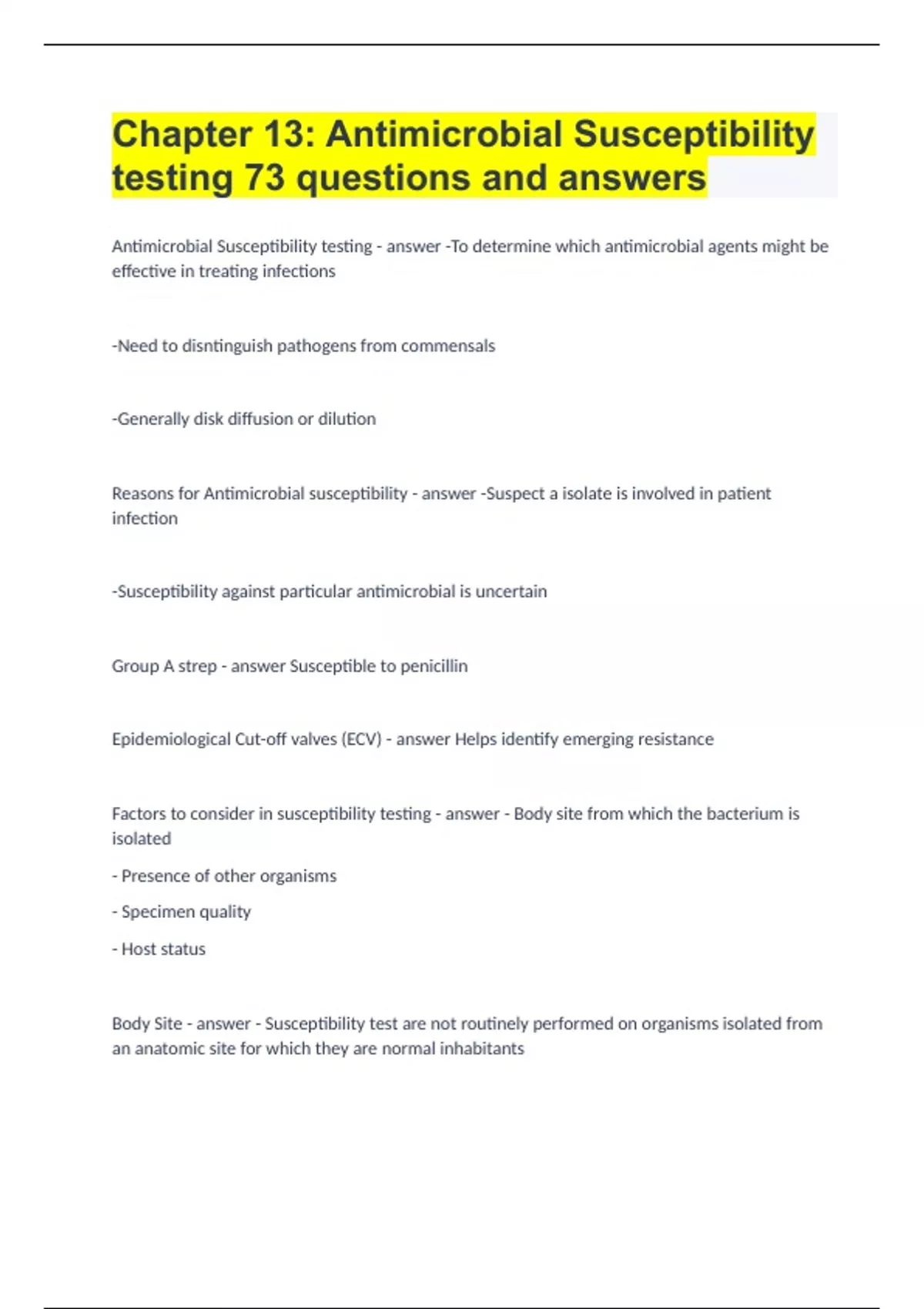 Chapter 13 Antimicrobial Susceptibility testing| 73 questions and ...