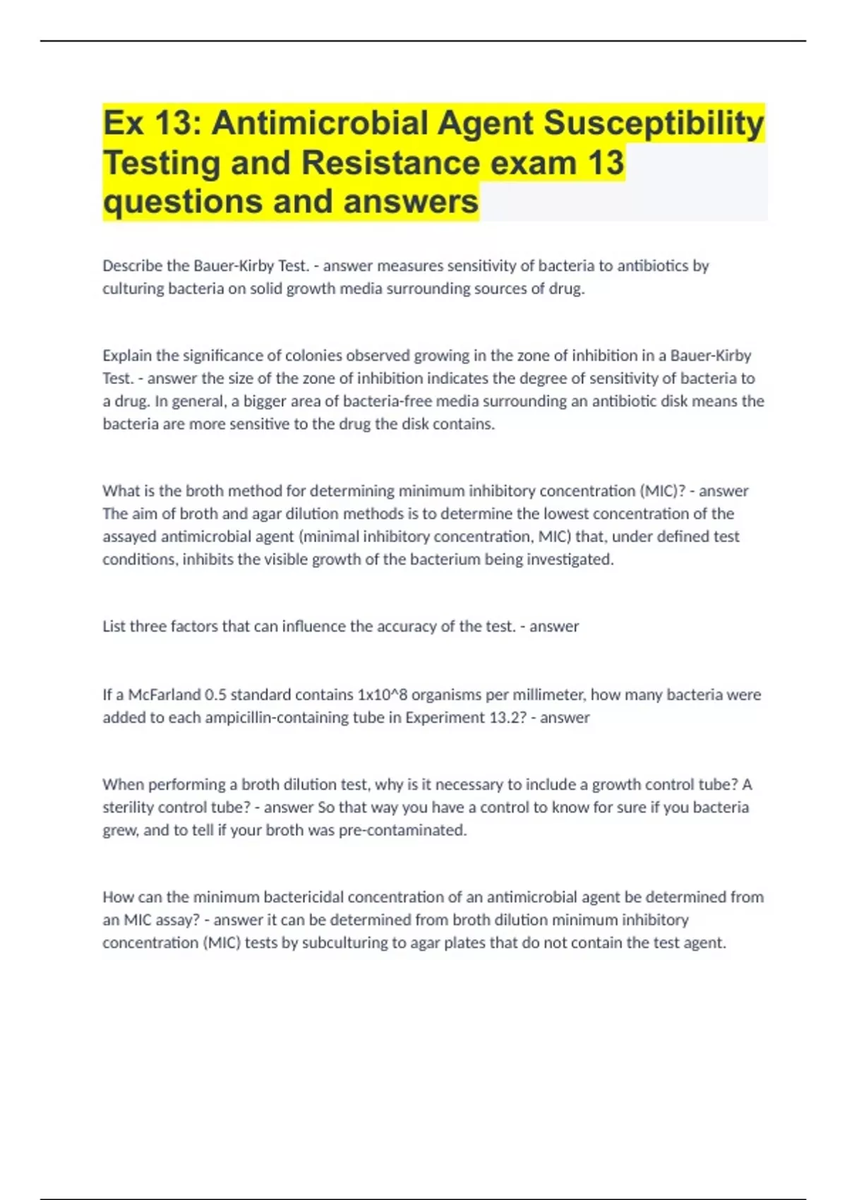 Ex 13 Antimicrobial Agent Susceptibility Testing and Resistance exam ...