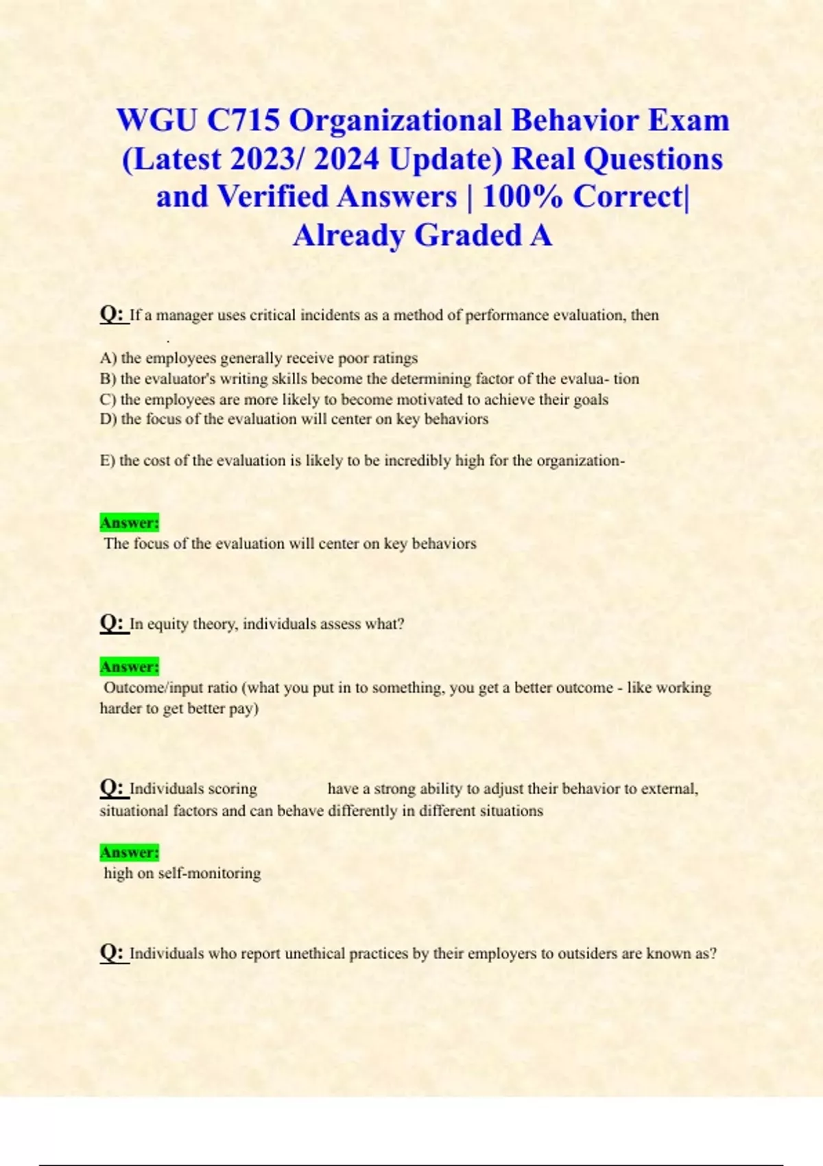 WGU C715 Organizational Behavior Exam (Latest 2023/ 2024 Update) Real ...