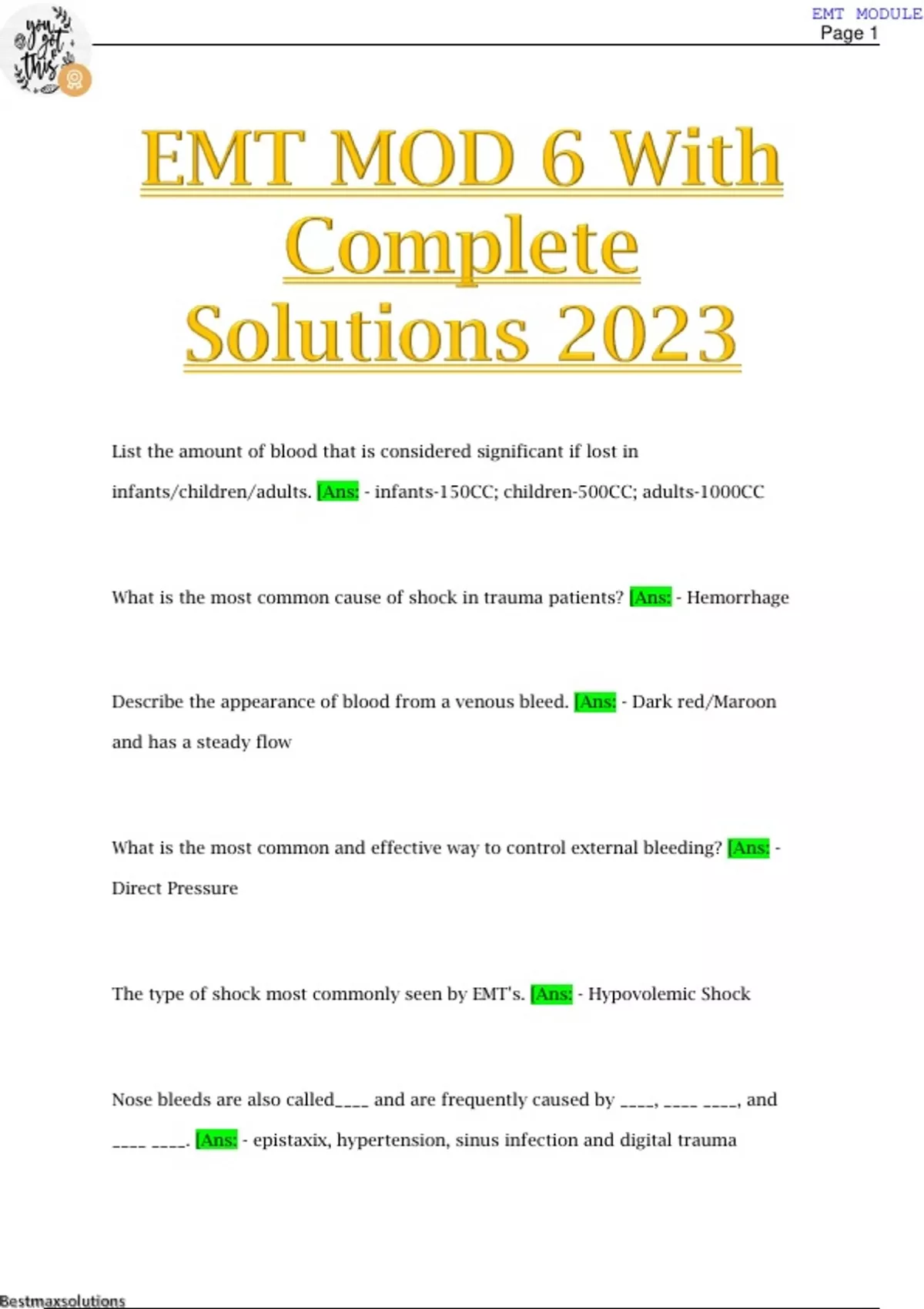 EMT MOD 6 With Complete Solutions 2023 - EMT - Stuvia US