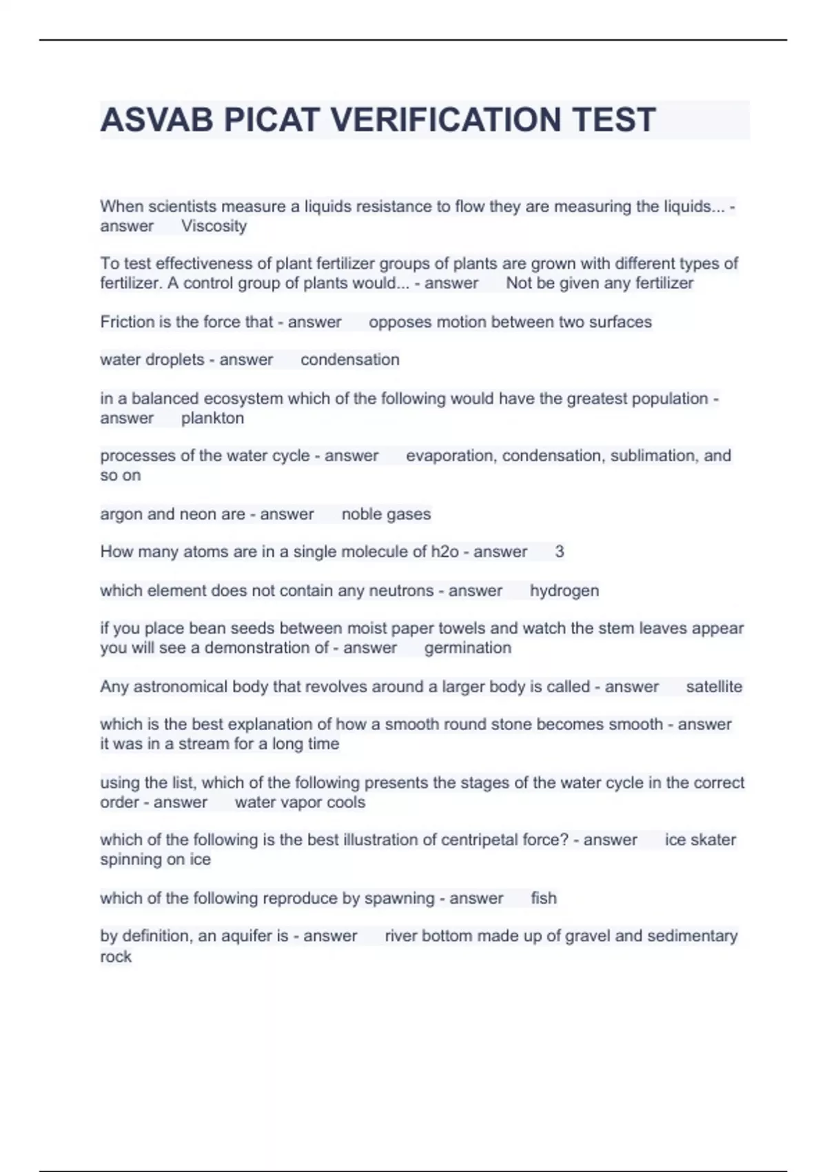 ASVAB PICAT VERIFICATION TEST QUESTIONS WITH COMPLETE SOLUTIONS 2023 ...