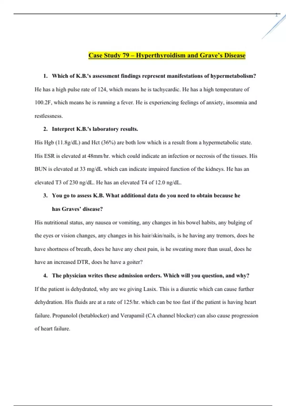 Case Study 79 – Hyperthyroidism and Grave’s Disease 2023 update 100% verified qustion and ...