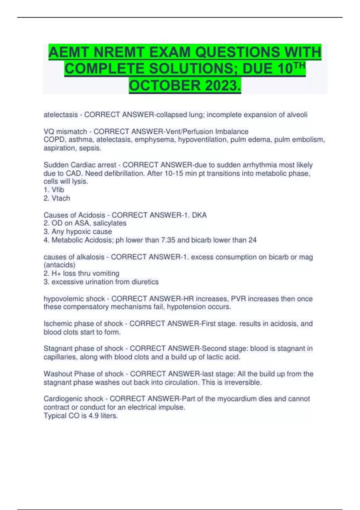AEMT NREMT EXAM QUESTIONS WITH COMPLETE SOLUTIONS; DUE 10TH OCTOBER ...