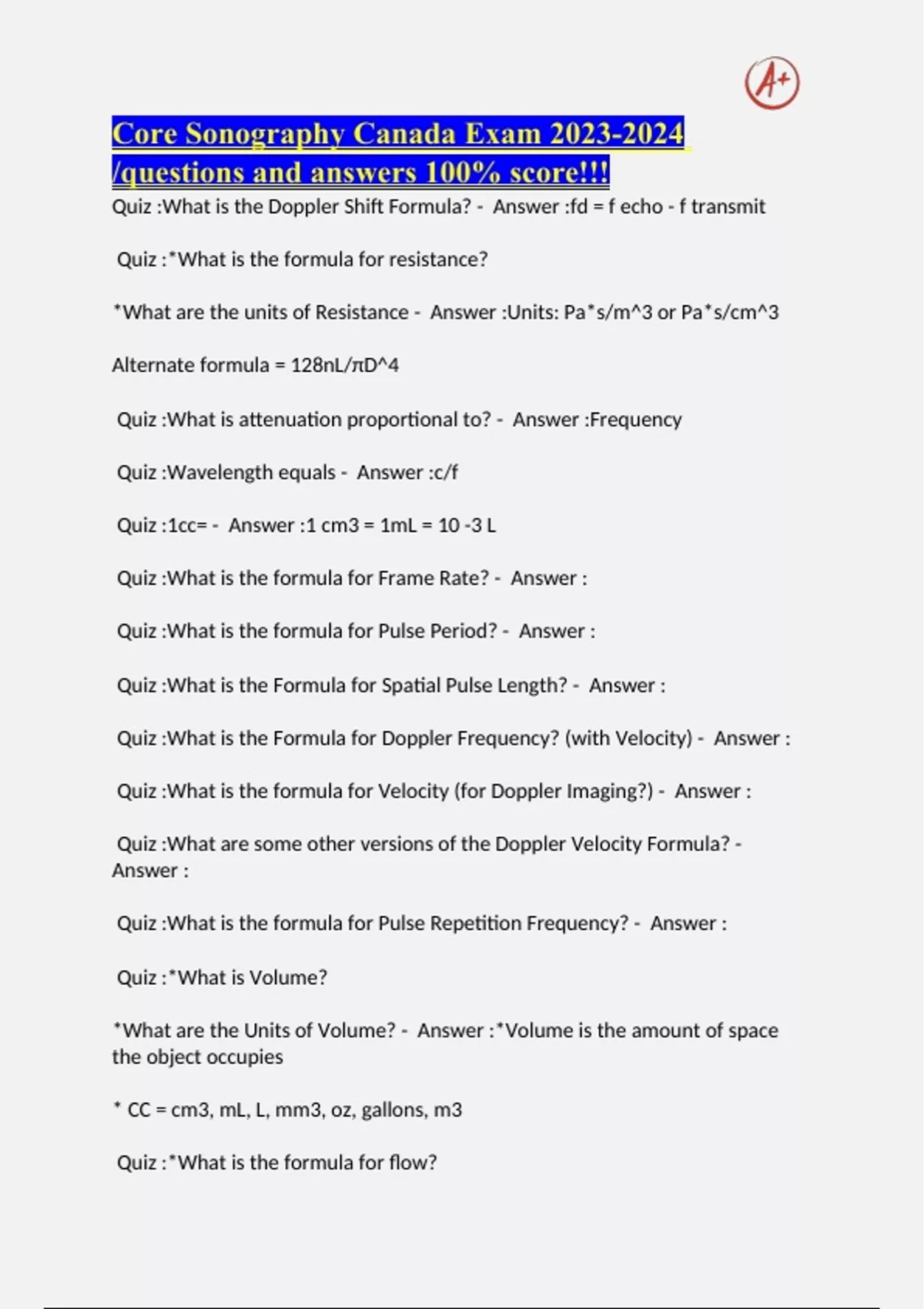 Core Sonography Canada Exam /questions and answers 100% score!!! - Core ...