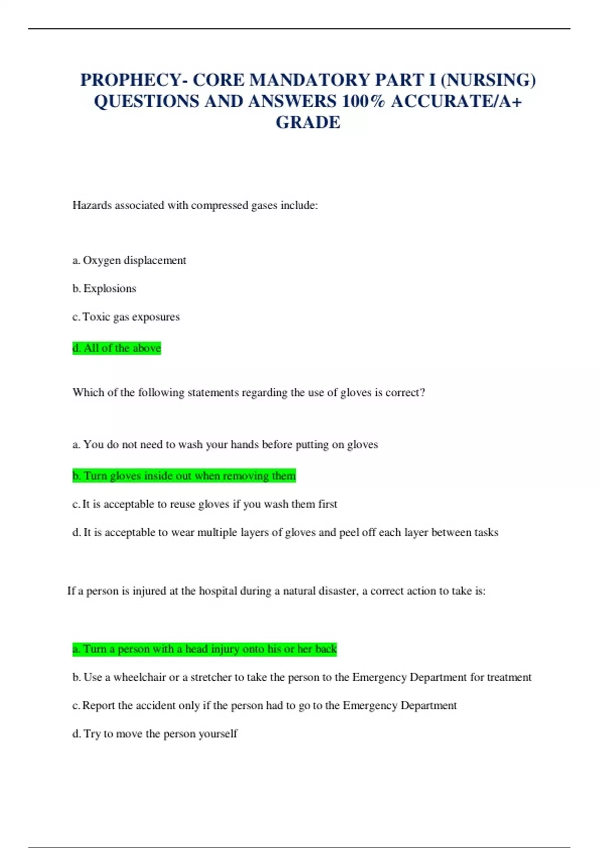 Prophecy Core Mandatory Part I Nursing Questions And Answers 100 Accurate A Grade