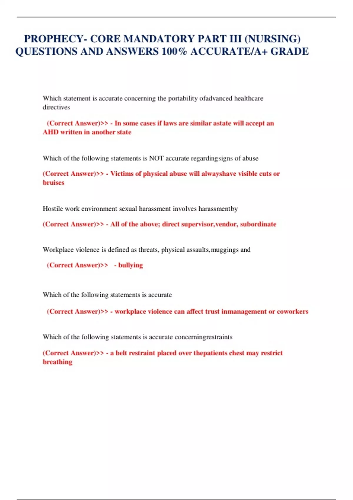 PROPHECY- CORE MANDATORY PART III (NURSING) QUESTIONS AND ANSWERS 100% ...