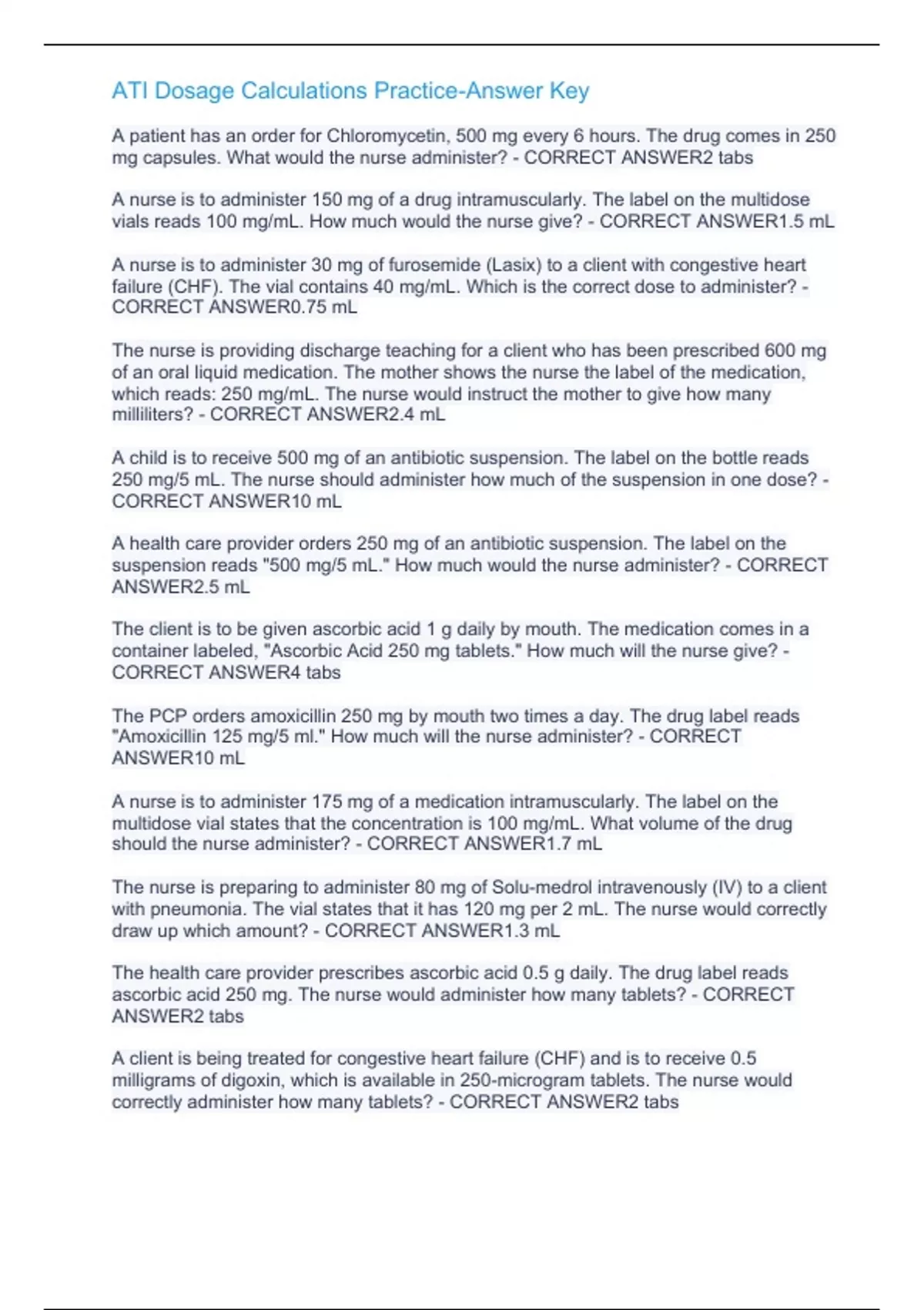 ATI Dosage Calculations Practice-Answer Key - ATI Dosage Calculations ...