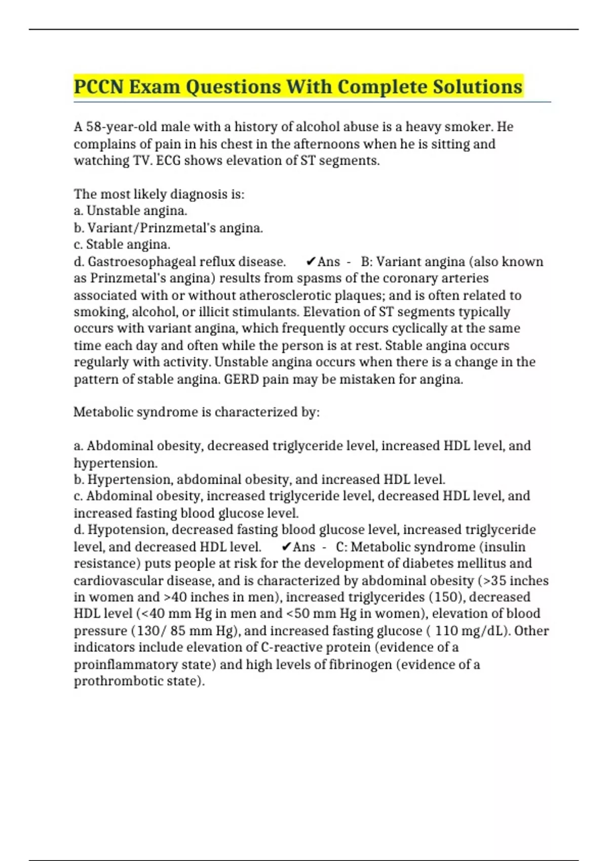 PCCN Exam Questions With Complete Solutions - PCCN - PROGRESSIVE CARE CERTIFIED NURSE - Stuvia US