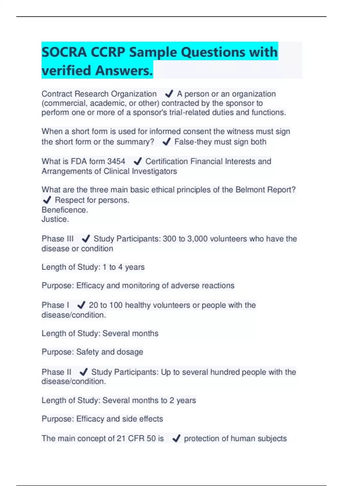 SOCRA CCRP Sample Questions with verified Answers | Latest 2023/2024 ...