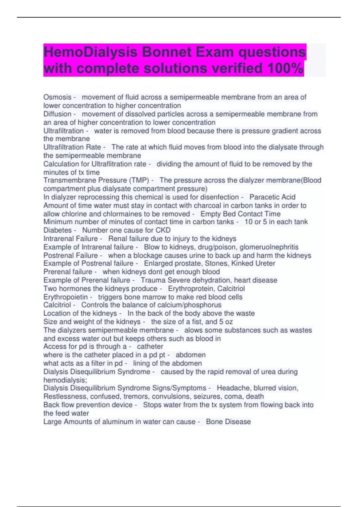 HemoDialysis Bonnet Exam questions with complete solutions verified 100% - HemoDialysis Bonnet ...