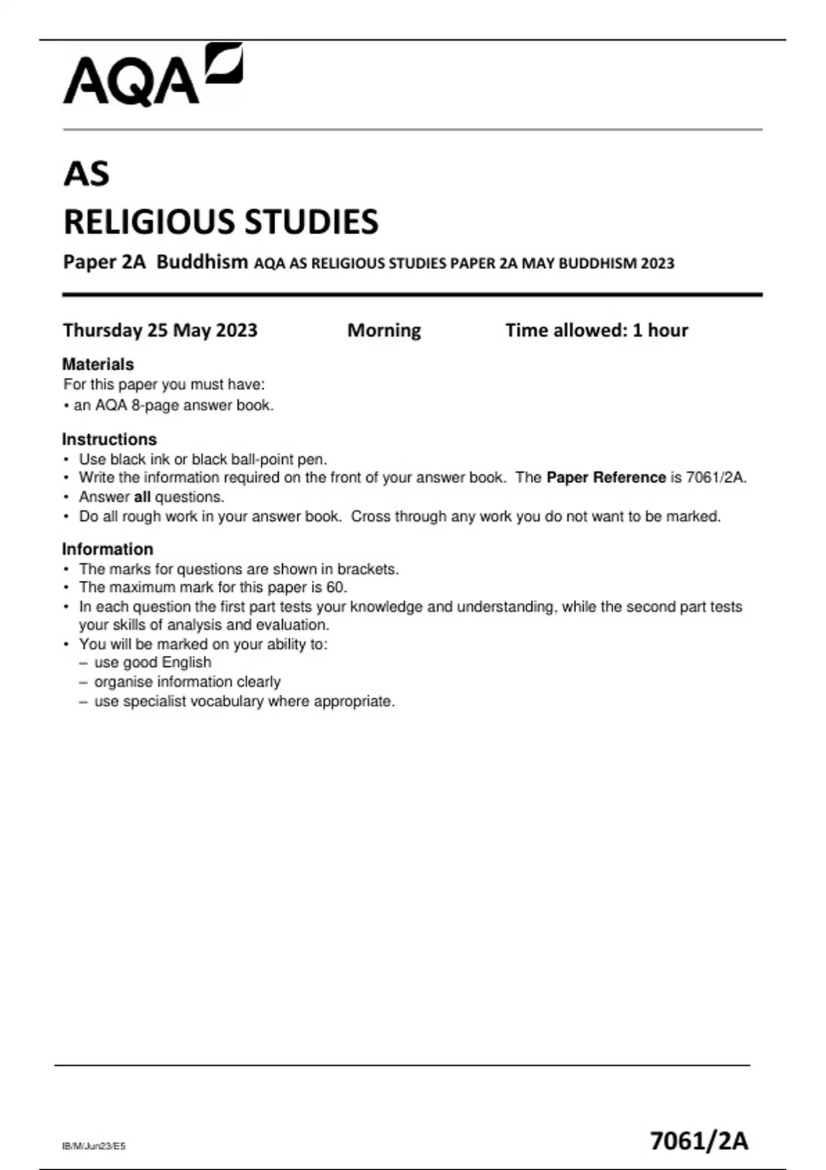 AQA AS RELIGIOUS STUDIES PAPER 2A, 2B and 2D |Question Papers and Mark ...