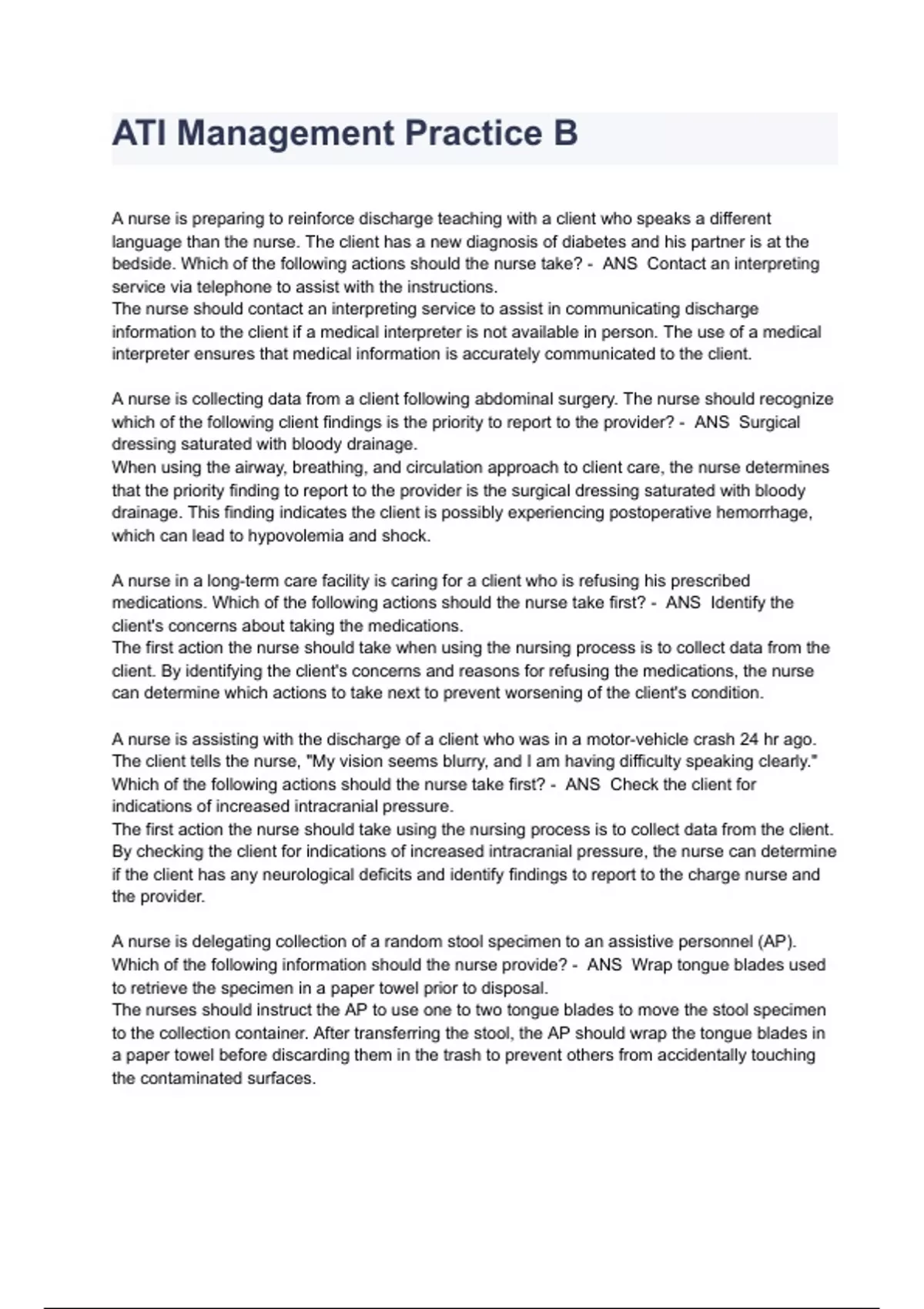 ATI Management Practice B Exam Questions ( Answered ) - ATI PN ...