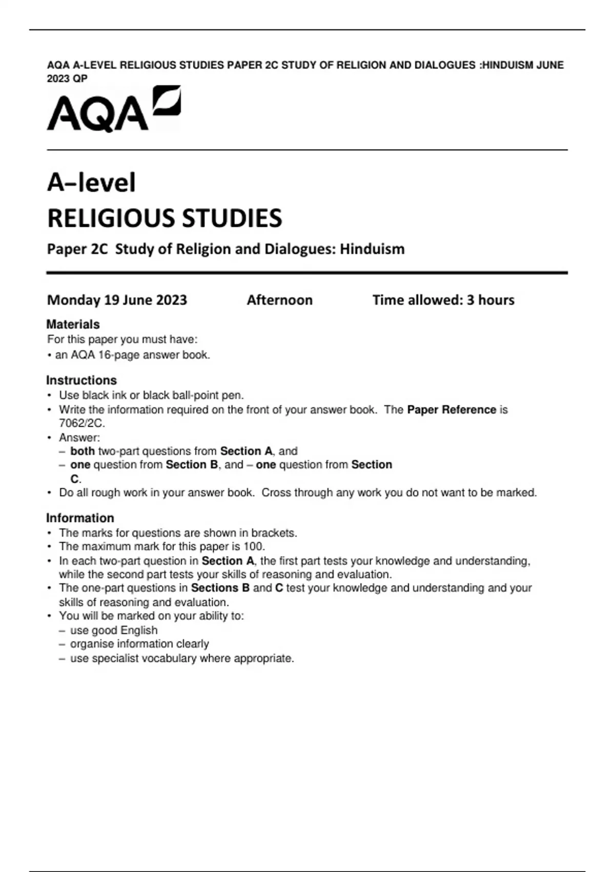 AQA A-LEVEL RELIGIOUS STUDIES 7062/2C Paper 2C Study of Religion and ...