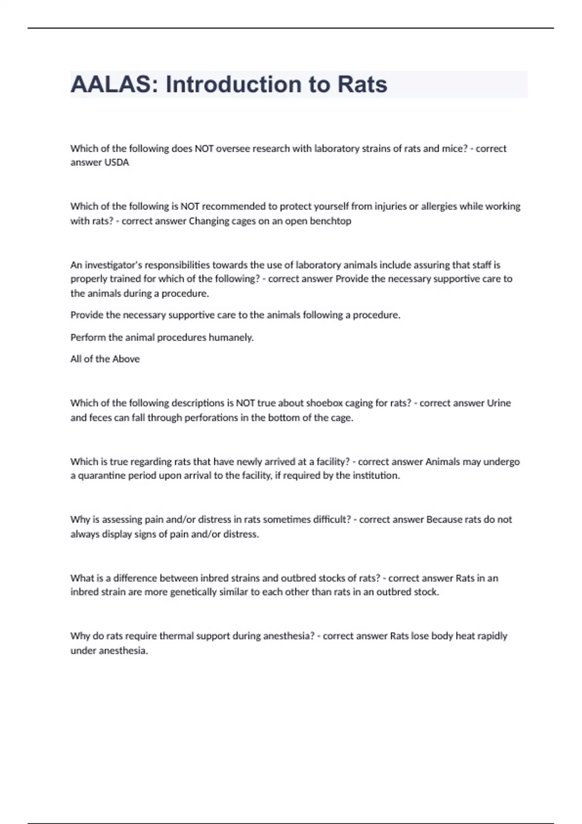 AALAS Introduction to Rats fully solved 2023/2024 - AALAS - Stuvia US