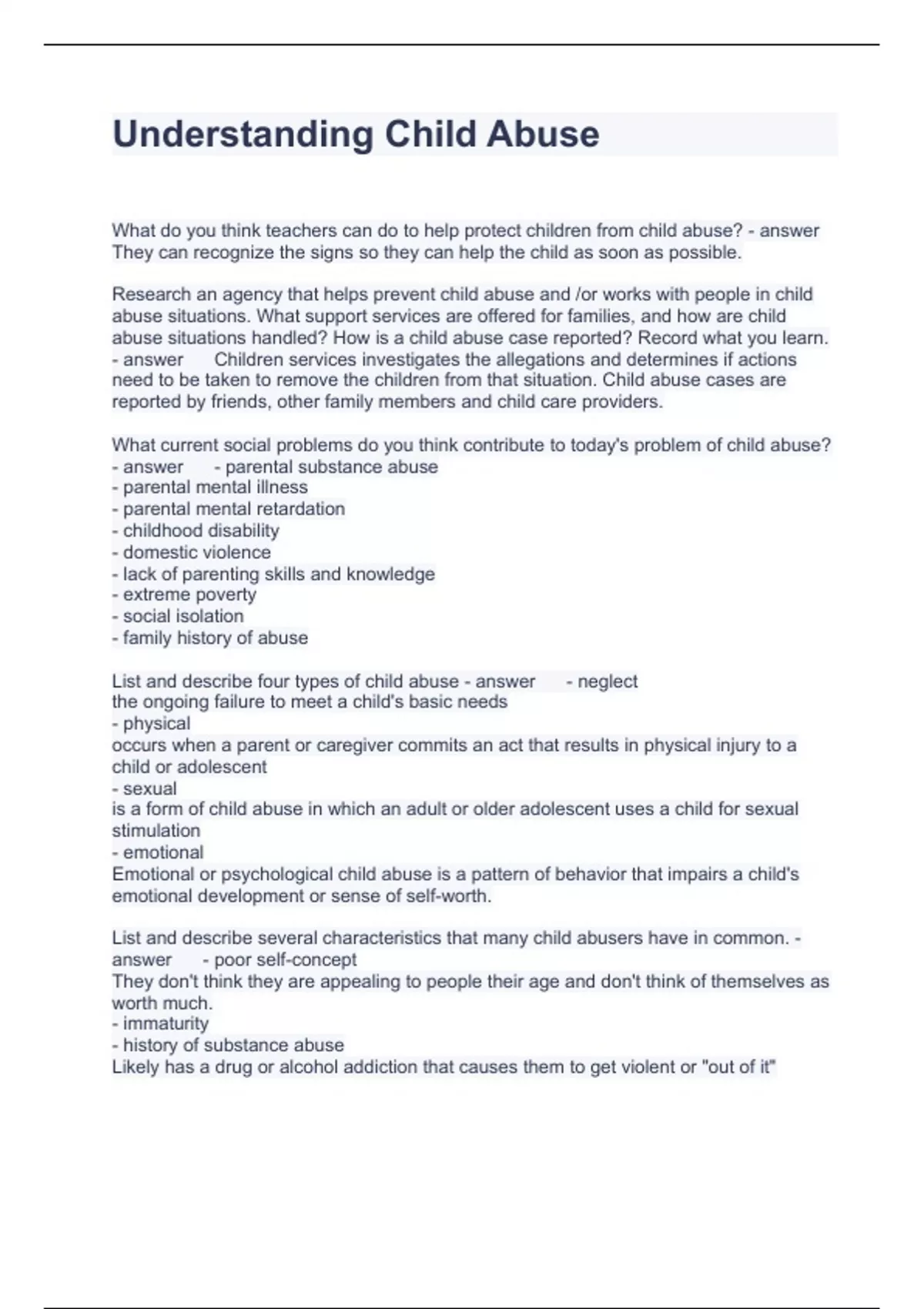 Understanding Child Abuse Questions and Answers 2023 - CHILD ABUSE ...