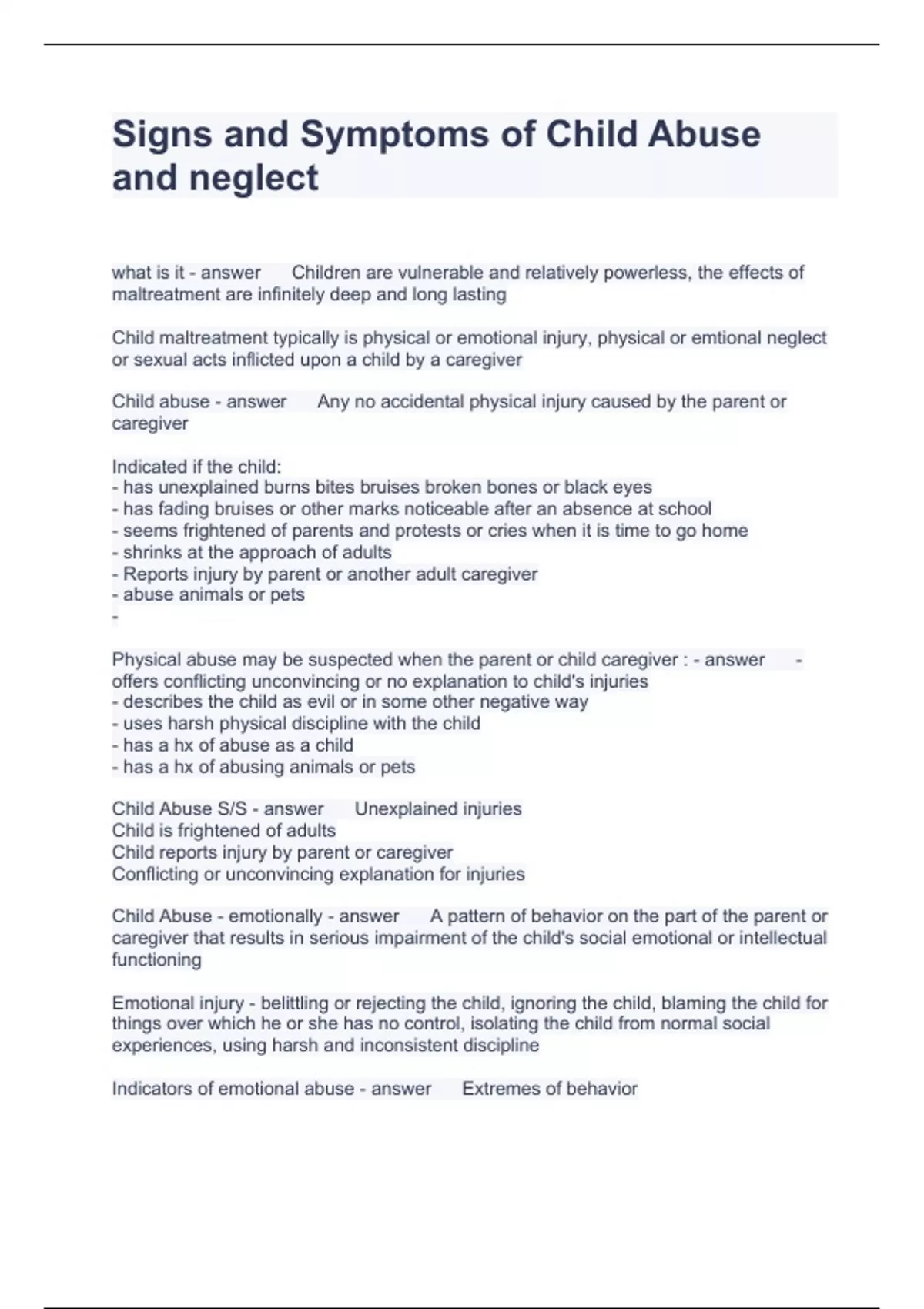 Signs and Symptoms of Child Abuse and neglect Questions with correct Answers - CHILD ABUSE ...