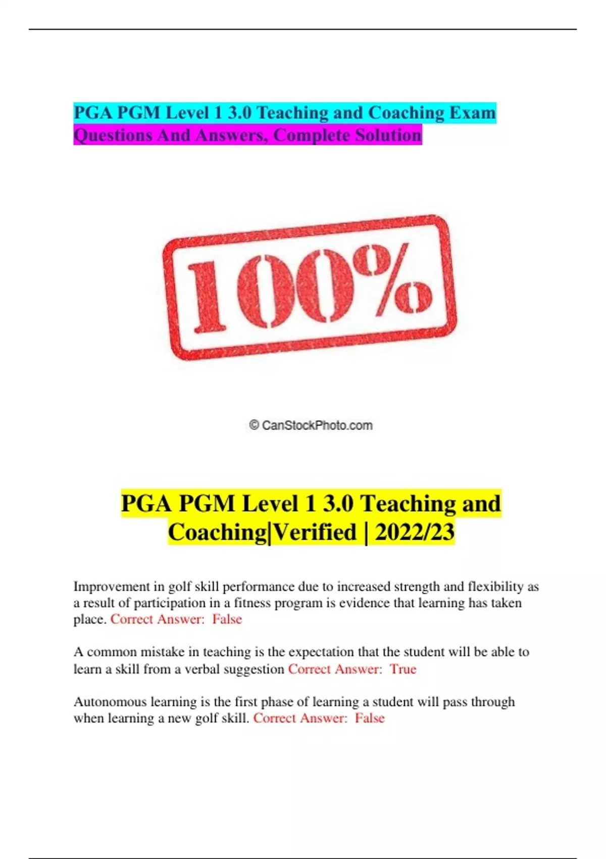 PGA PGM Level 1 3.0 Teaching and Coaching Exam Questions And Answers, Complete Solution - PGA ...