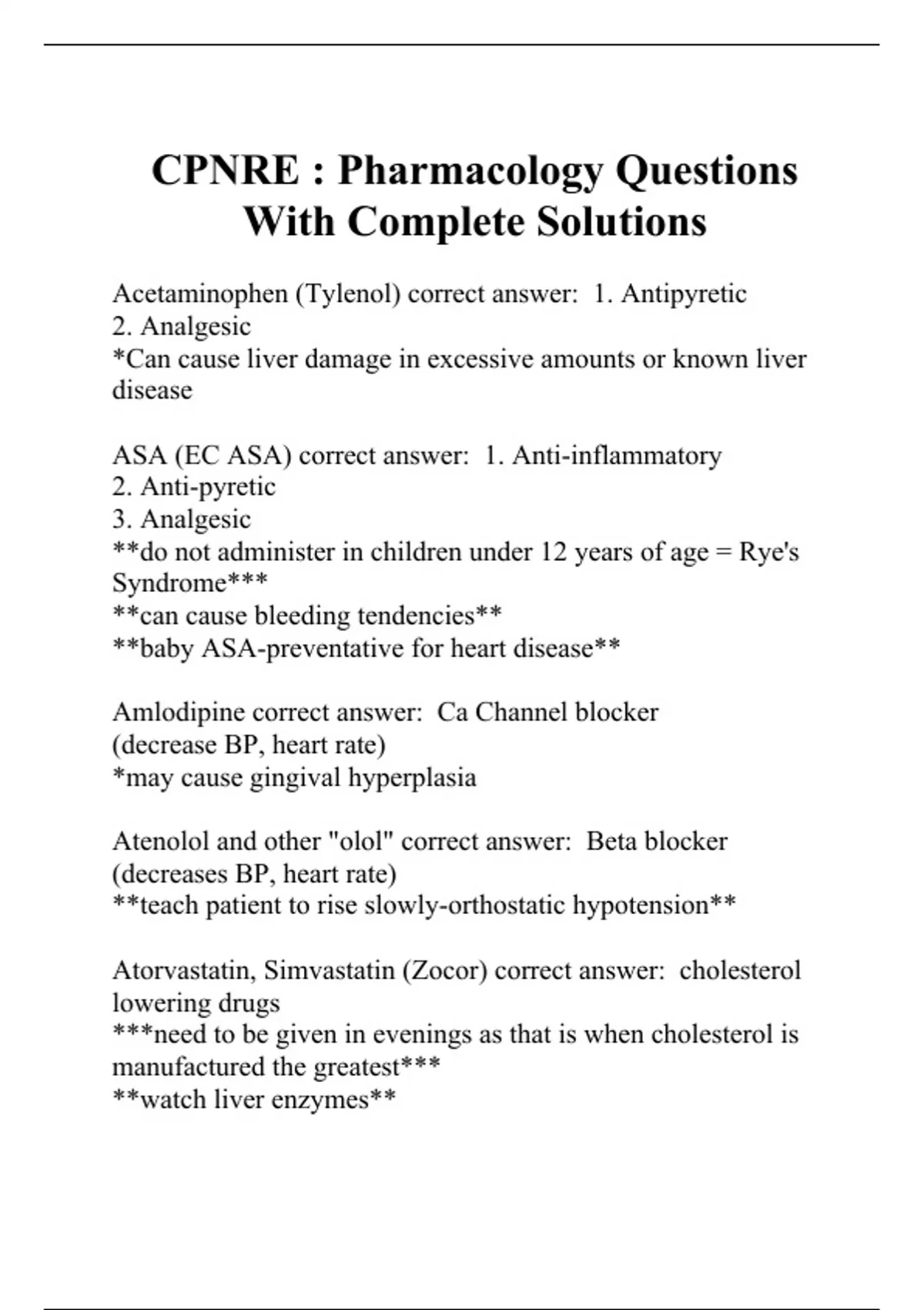 CPNRE : Pharmacology Questions With Complete Solutions - CPNRE - Stuvia US