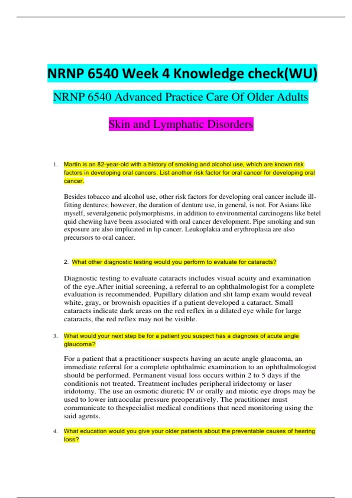 NRNP 6540 - Week 4 Knowledge Check (WU)| Head, Neck, and Face Disorders ...