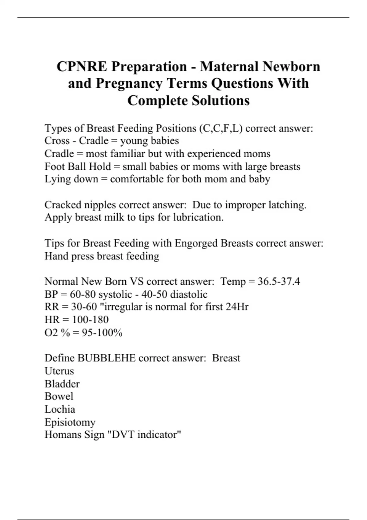 CPNRE Preparation - Maternal Newborn and Pregnancy Terms Questions With ...