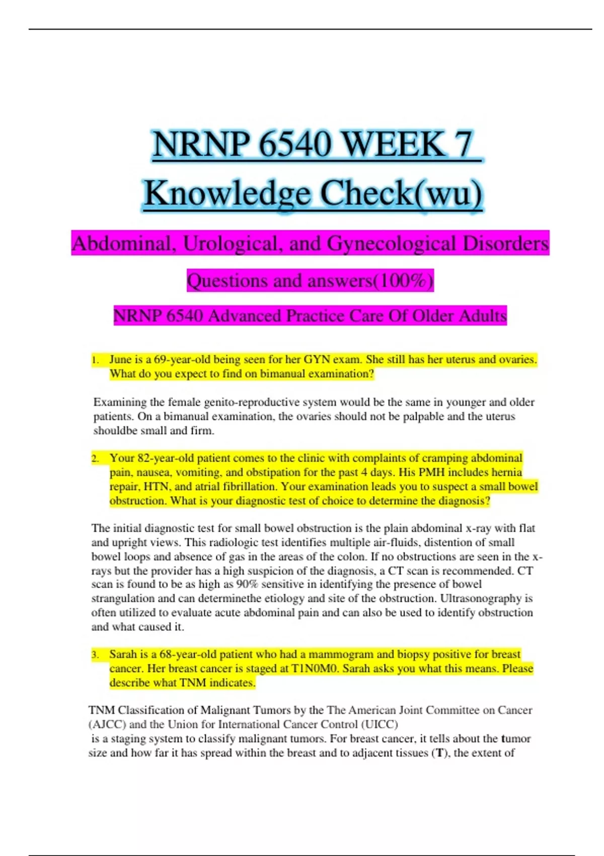 NRNP 6540 - Week 7 Knowledge Check (WU)| Abdominal, Urological, and ...