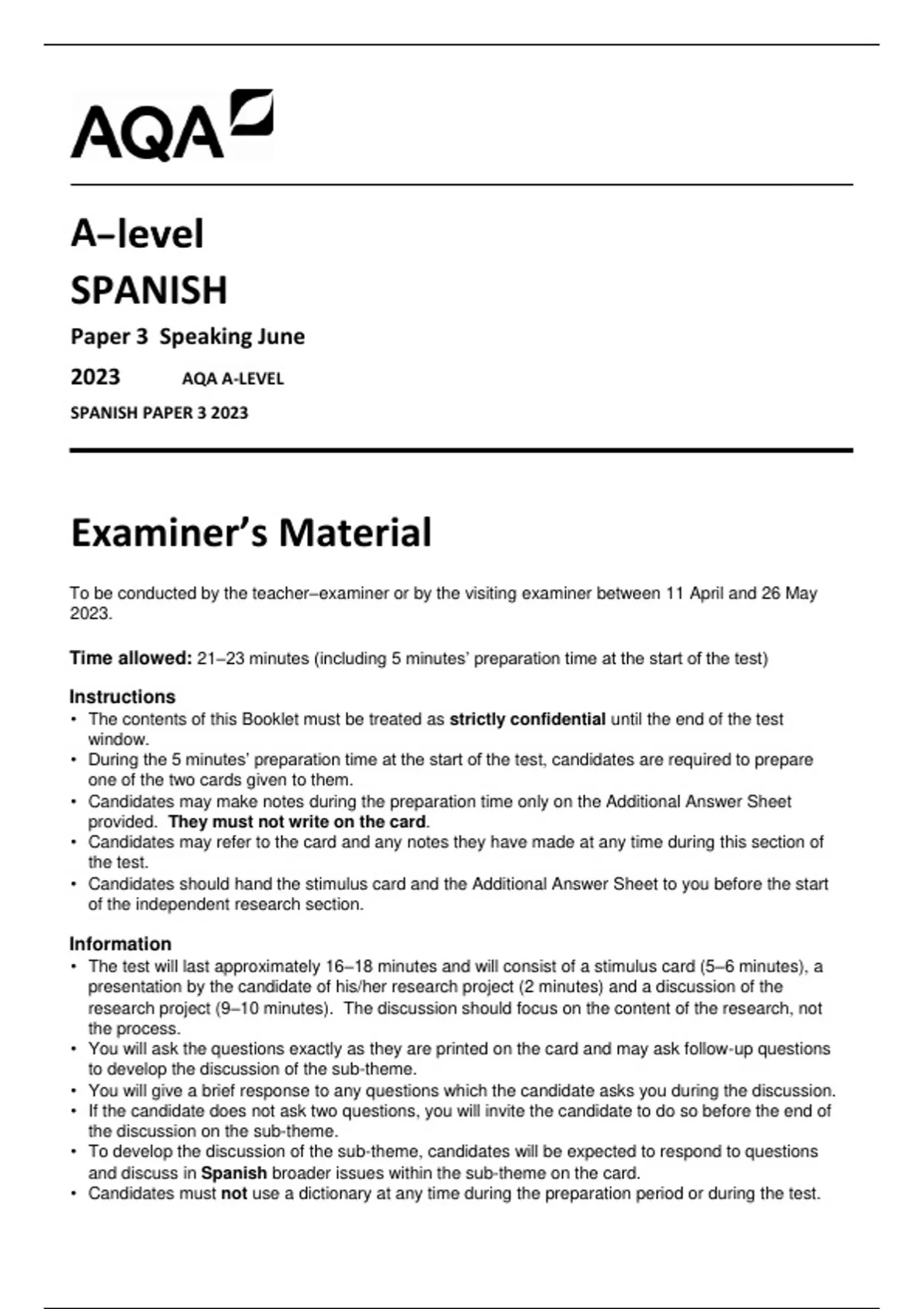 AQA A LEVEL SPANISH PAPER 3 2023 AQA Stuvia US