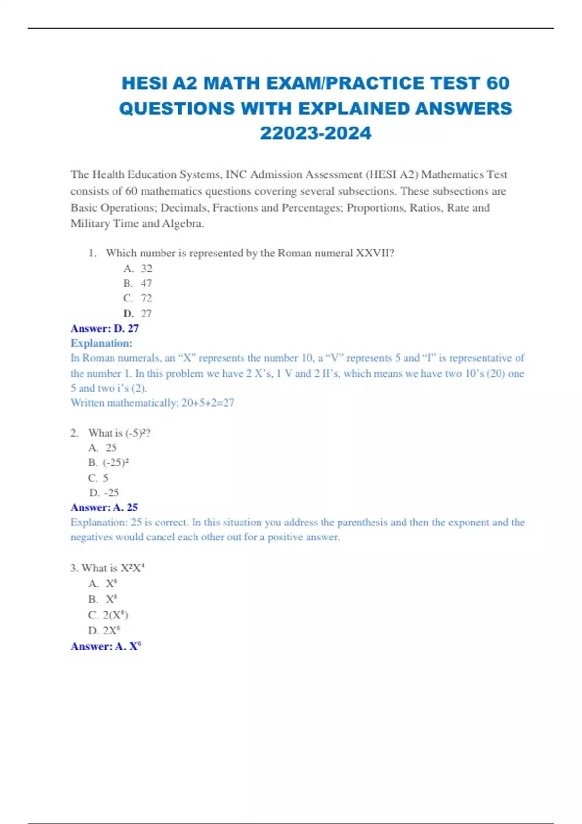 HESI A2 MATH EXAM/PRACTICE TEST 60 QUESTIONS WITH EXPLAINED ANSWERS ...
