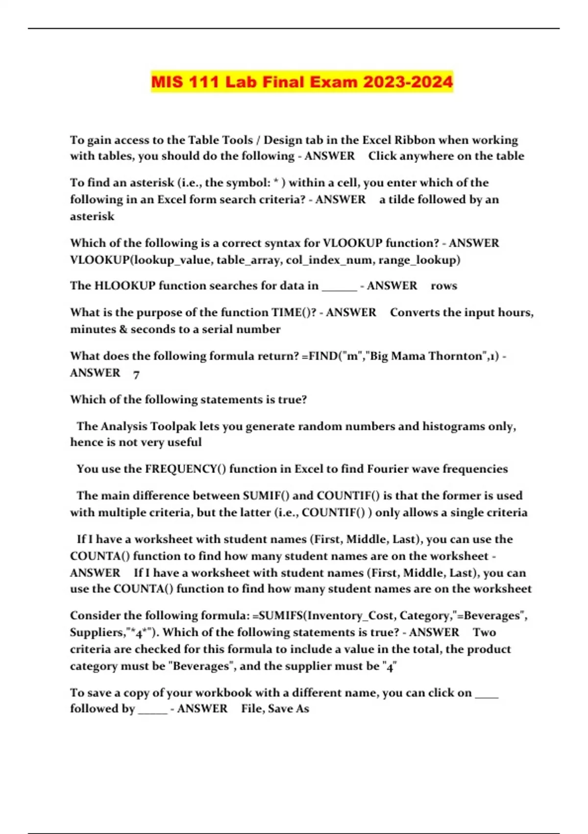 MIS 111 Lab Final Exam - MIS 111 Lab - Stuvia US