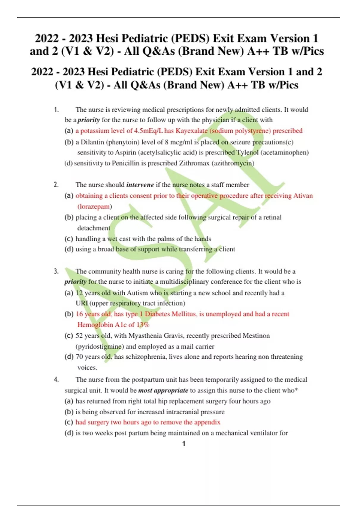 Hesi Pediatric (PEDS) Exit Exam Version 1 and 2 (V1 & V2) - All Q&As ...