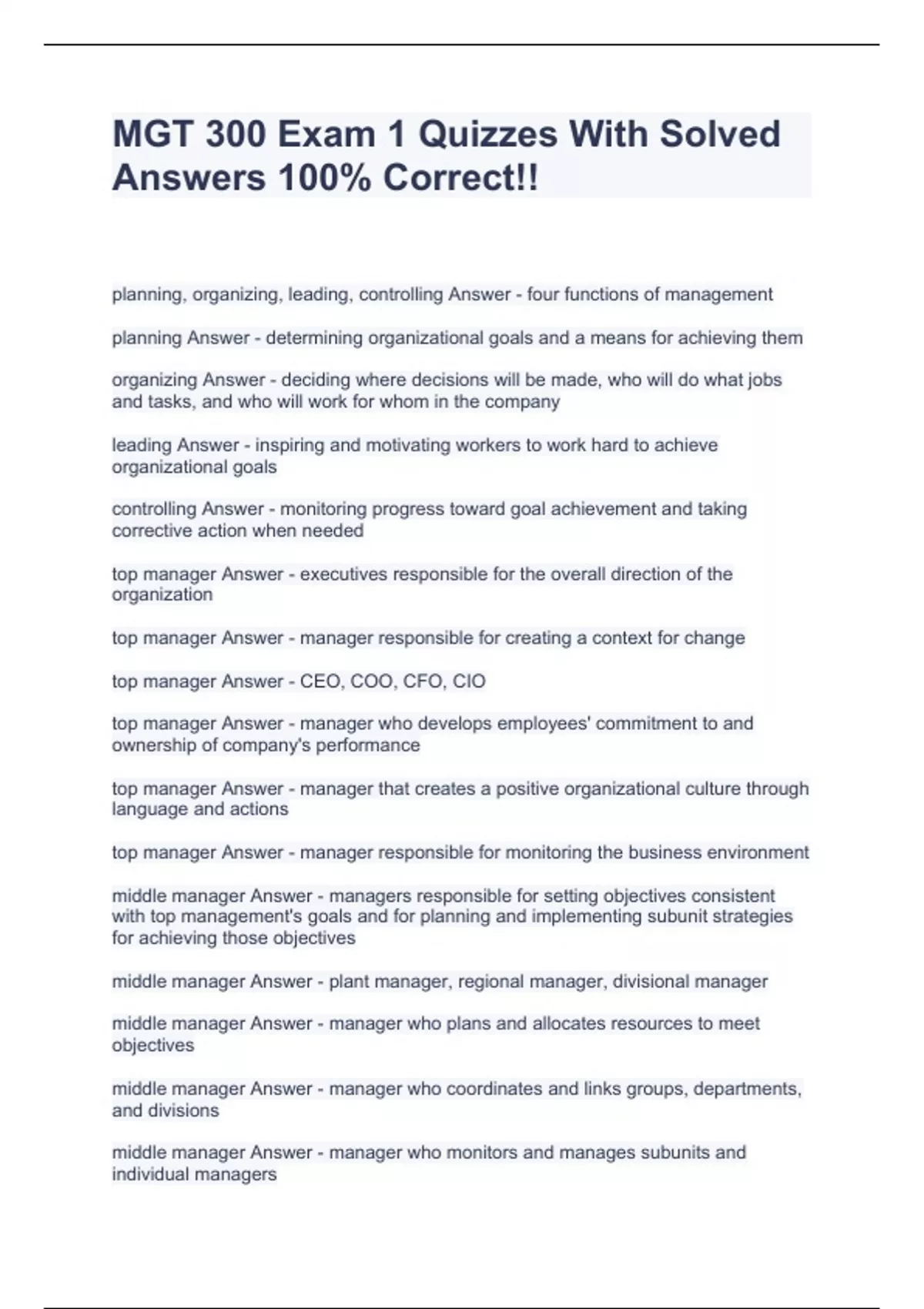 MGT 300 Exam 1 Quizzes With Solved Answers 100% Correct!! - MGT 300 ...