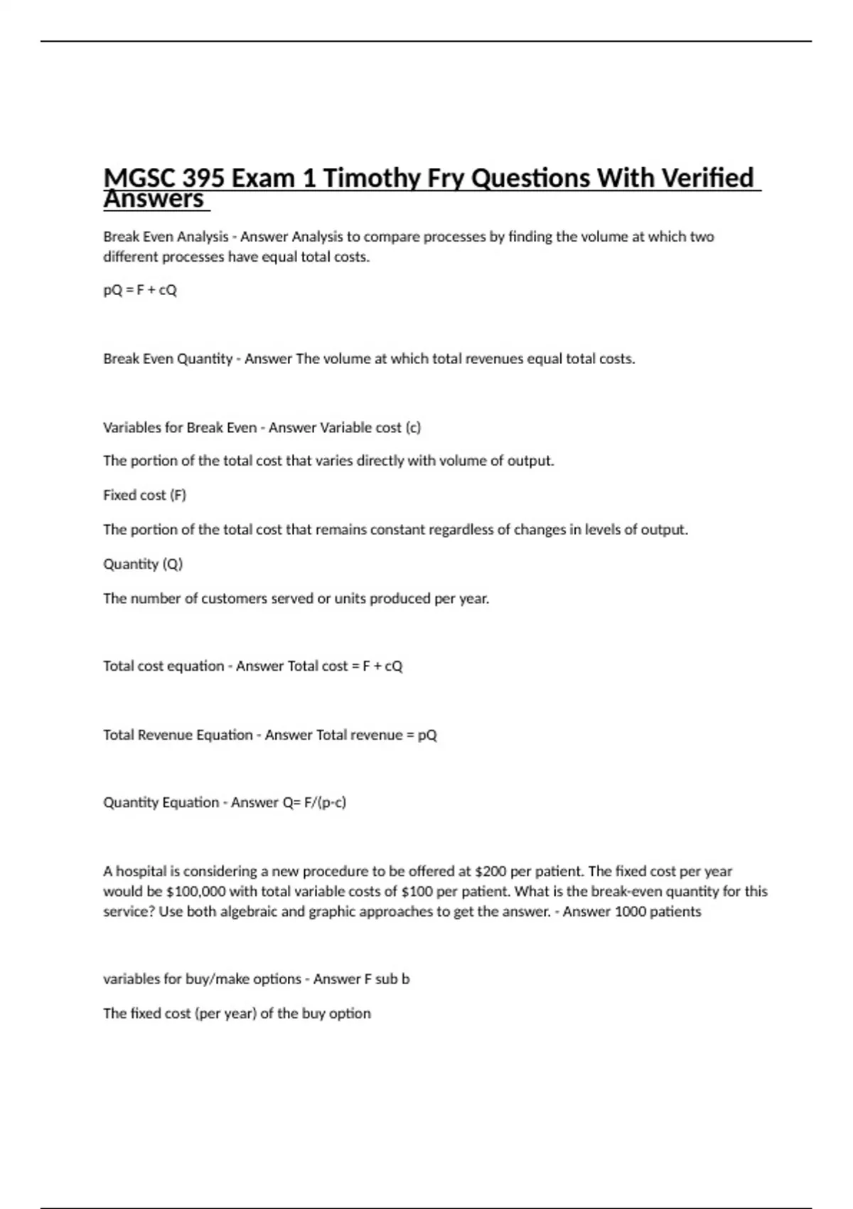 MGSC 395 Exam 1 Timothy Fry Questions With Verified Answers - MGSC 395 ...