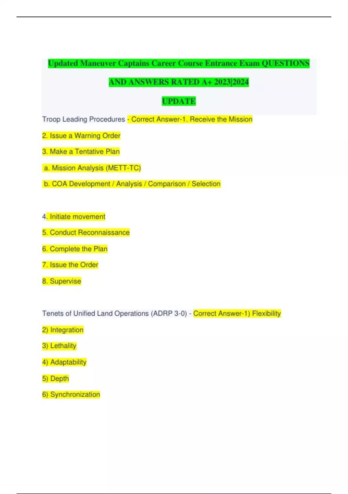Updated Maneuver Captains Career Course Entrance Exam QUESTIONS AND ...