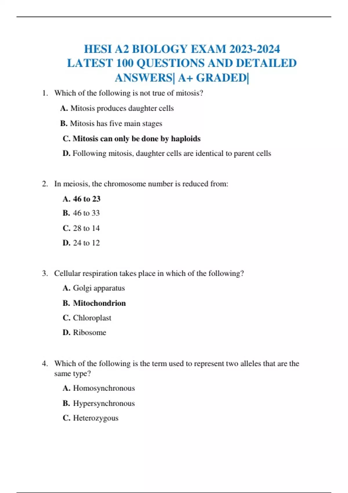 HESI A2 BIOLOGY EXAM LATEST 100 QUESTIONS AND DETAILED ANSWERS| A+ ...