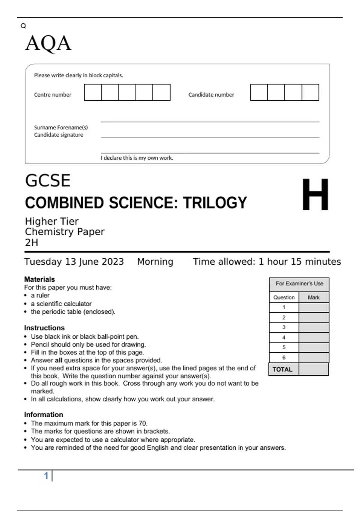 AQA GCSE COMBINED SCIENCE TRILOGY Higher Tier Chemistry Paper 2H June ...