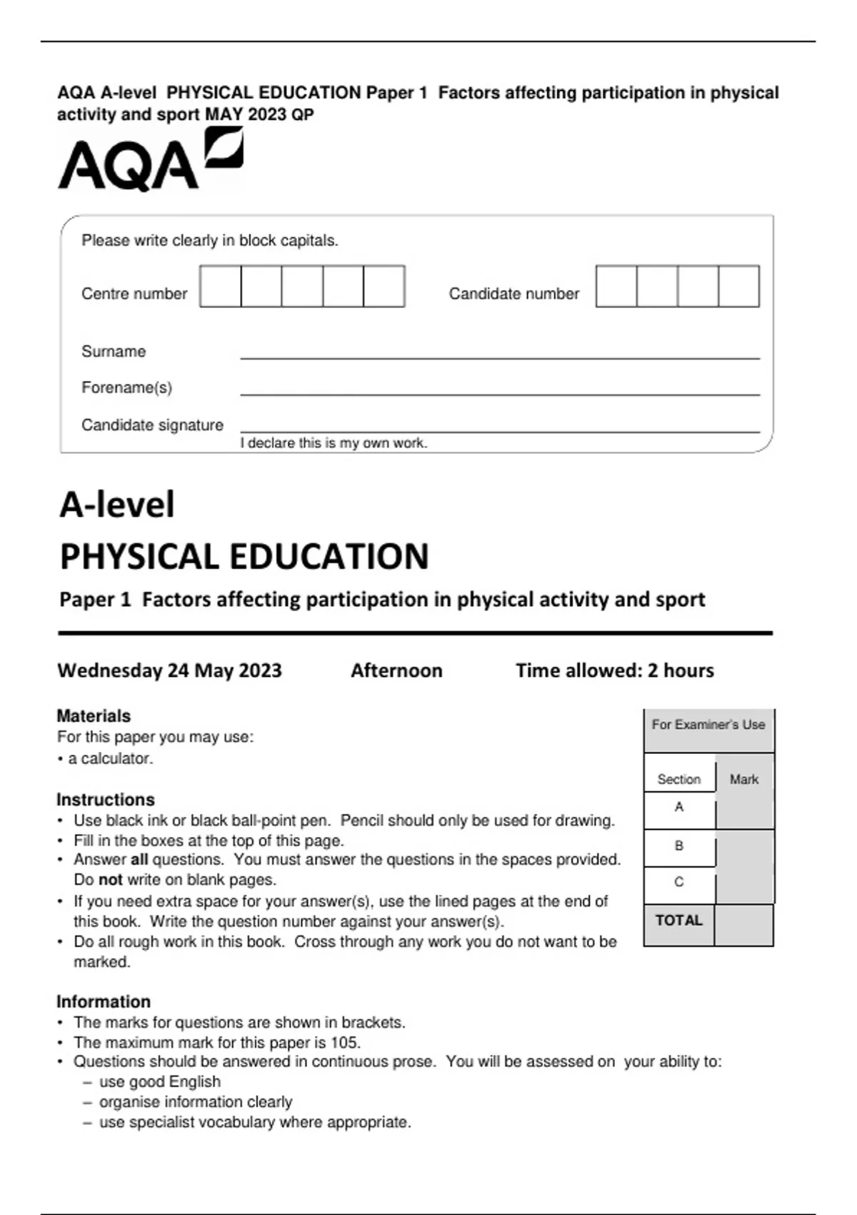 AQA A-level PHYSICAL EDUCATION Paper 1 Factors affecting participation ...